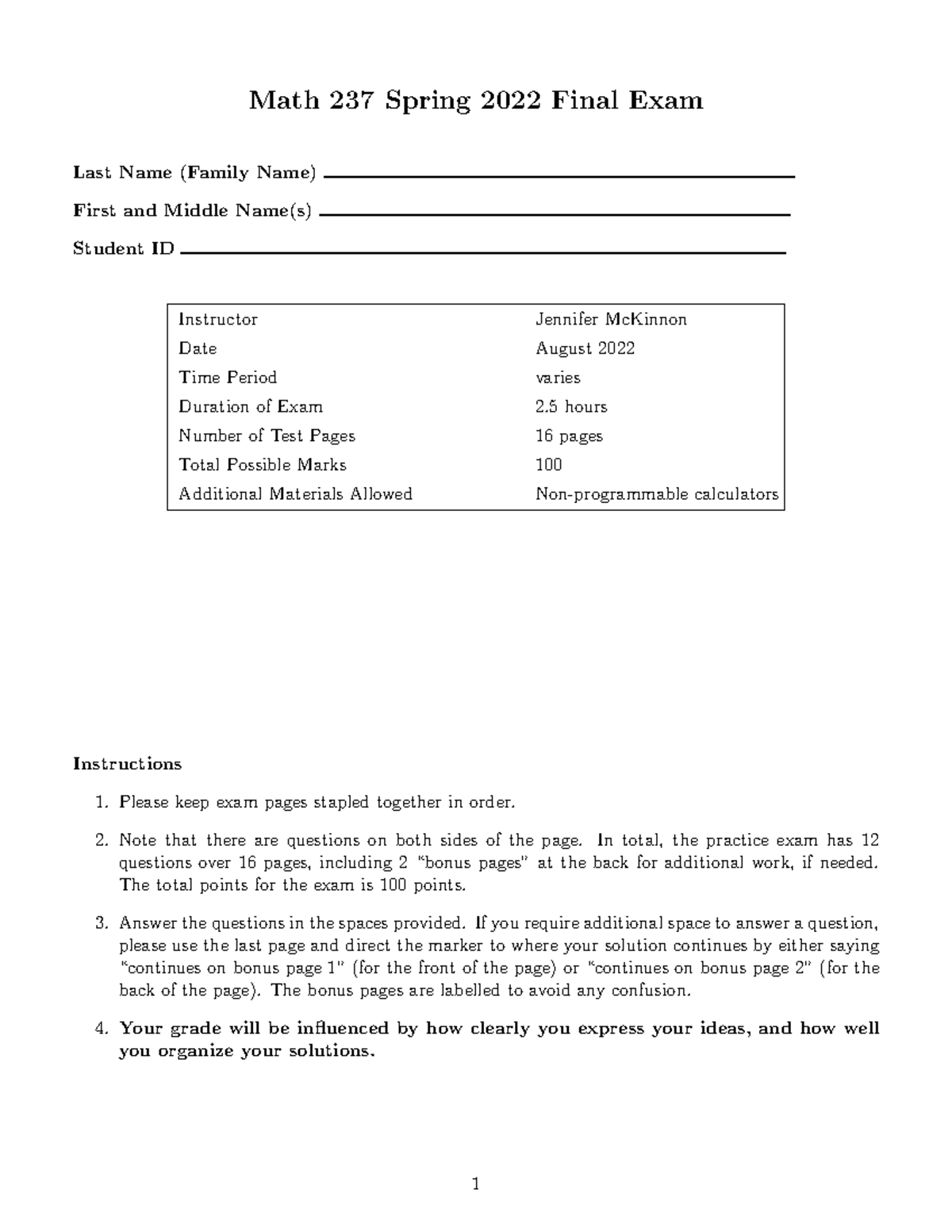 Math237S22Practice Final - Math 237 Spring 2022 Final Exam Last Name ...