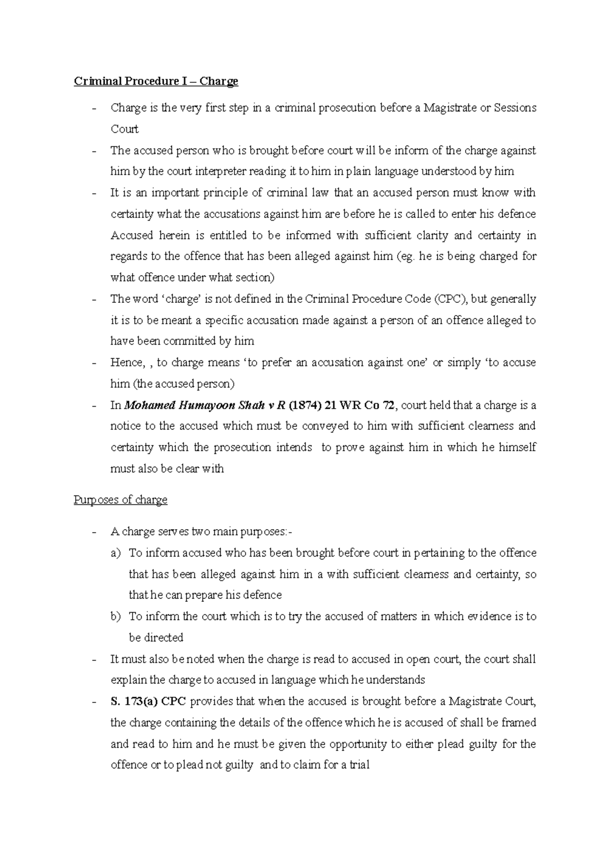 Criminal Procedure I - Charge - Criminal Procedure I – Charge Charge is ...