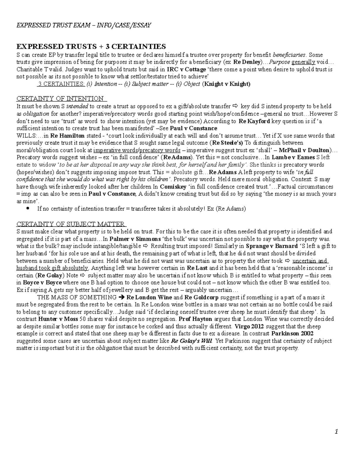 Expressed Trusts - 3 Certainties - EXPRESSED TRUST EXAM EXPRESSED TRUSTS 3 CERTAINTIES S can ...