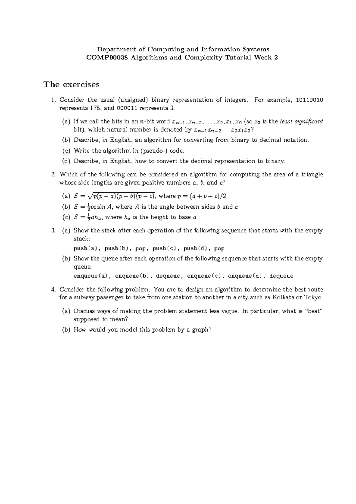 Tute-02 - TUT w/ Answeres - Department of Computing and Information Systems COMP90038 Algorithms ...