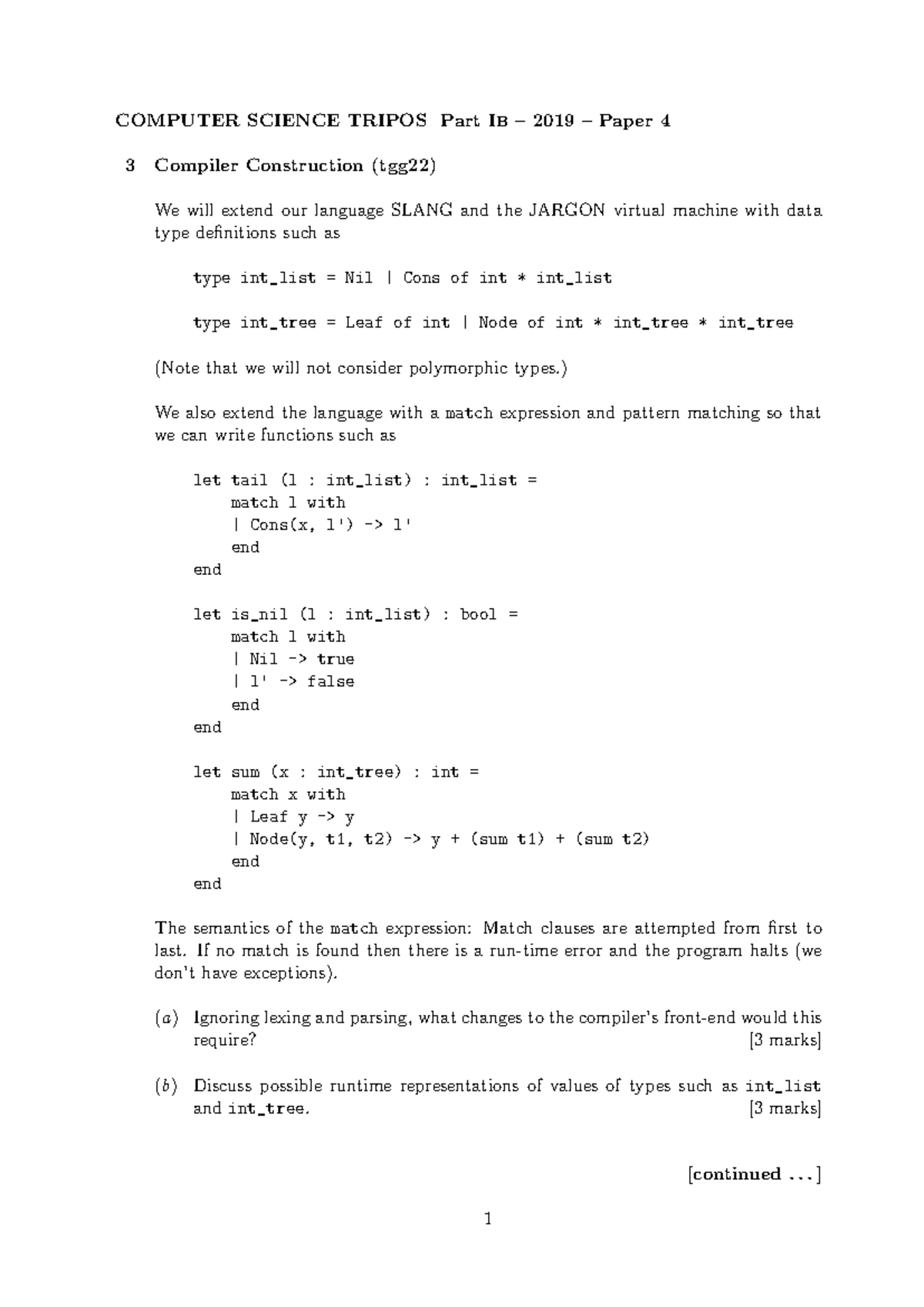 Y2019 p4q3 - computer science exam - 3 COMPUTER SCIENCE TRIPOS Part IB – 2019 – Paper 4 Compiler ...