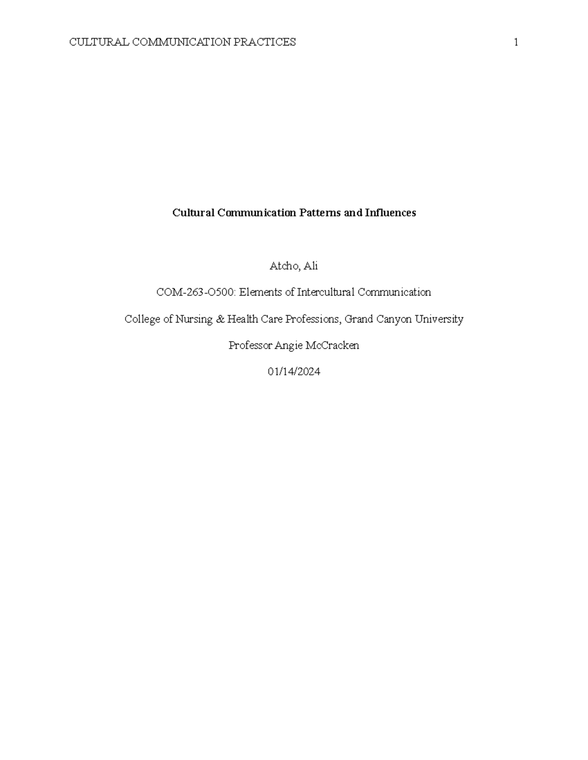 Cultural Communication Practices final Draft Atcho Ali completed - Cultural Communication ...