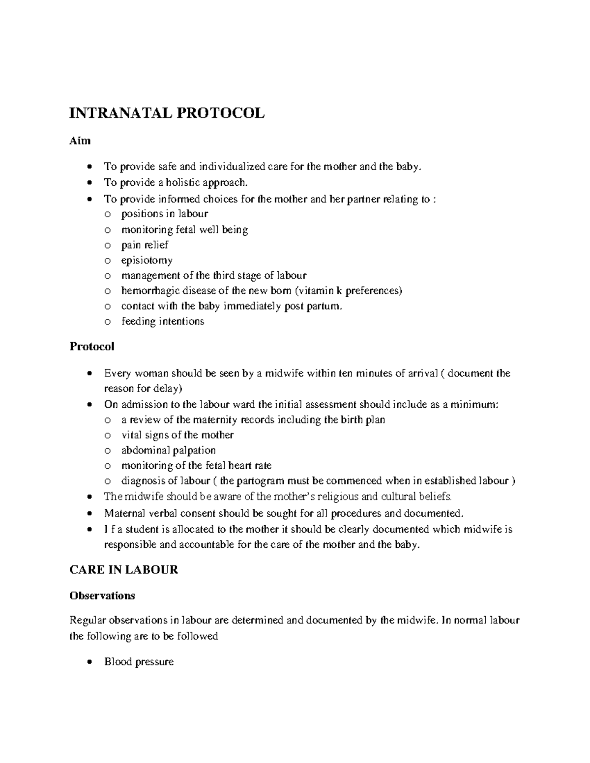 Intra natal protocol-converted - INTRANATAL PROTOCOL Aim To provide ...