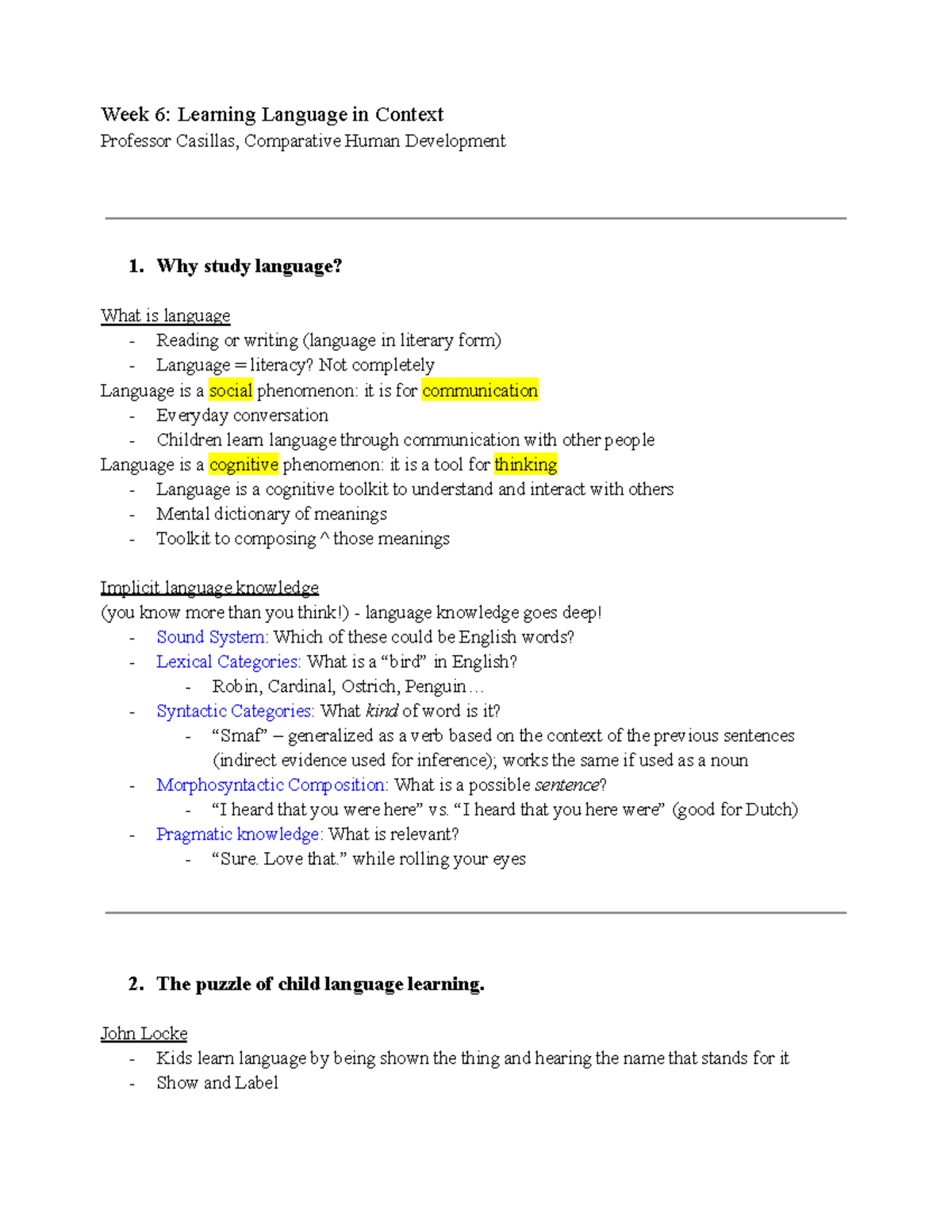 SOSC 14300 Lecture Notes Weeks 6-9 - Week 6: Learning Language in ...