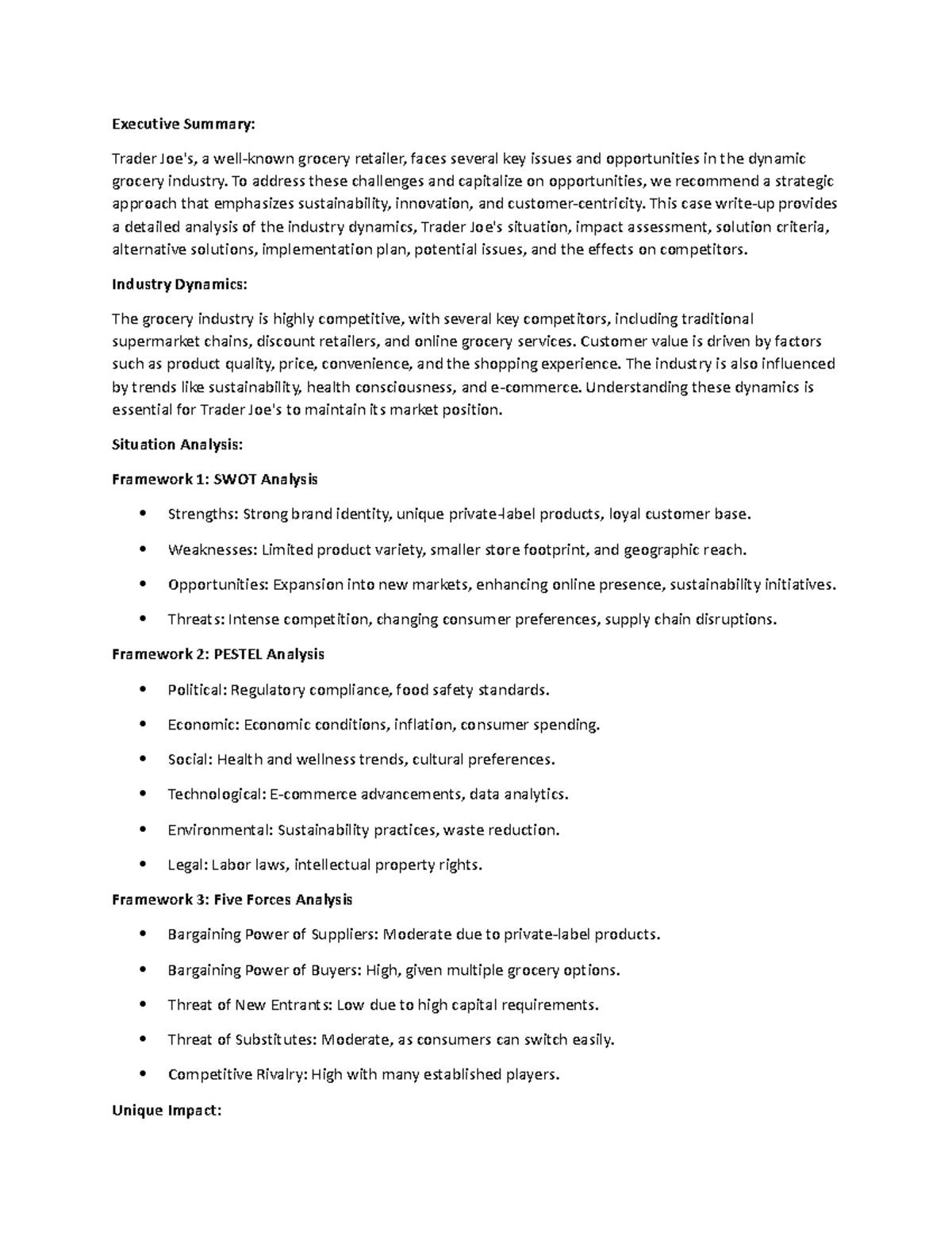 Executive Summary Trader Joes - Executive Summary: Trader Joe's, a well ...