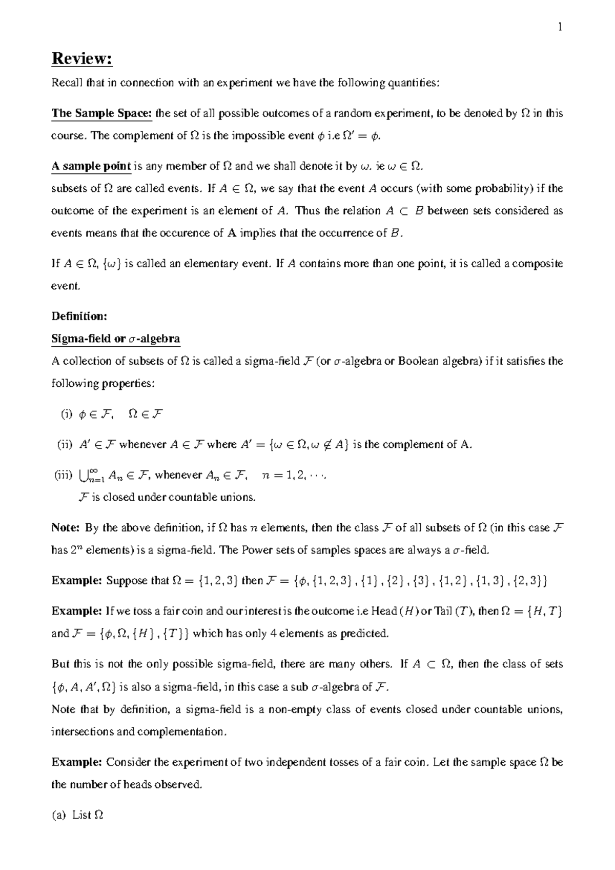 STAT 331 notes by Dr. KD - Review: Recall that in connection with an ...
