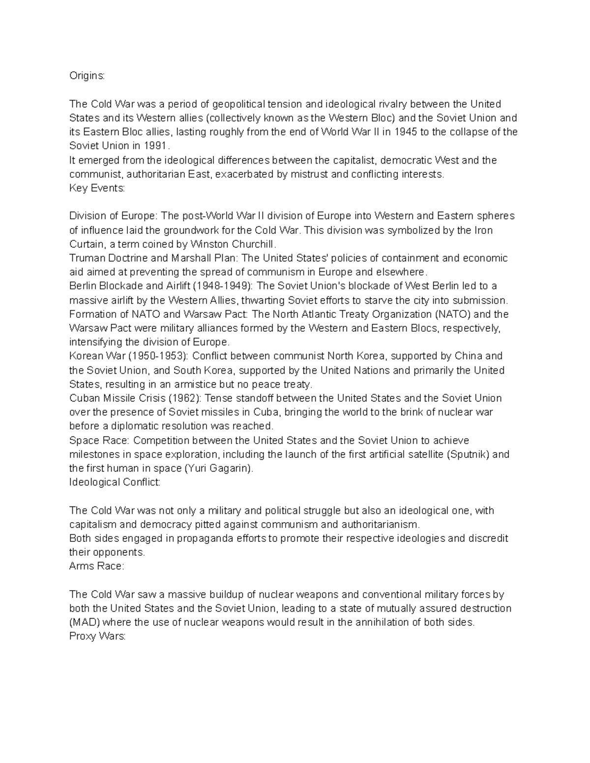 Cold War Notes - Origins: The Cold War was a period of geopolitical ...