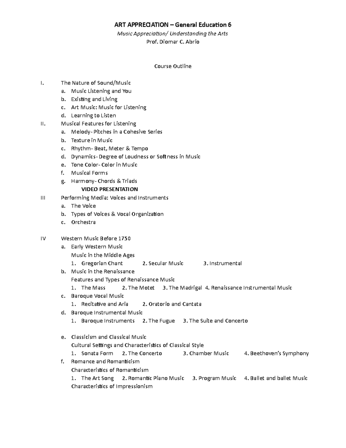 GE 6 ART Appreciation Course Outline - ART APPRECIATION – General ...