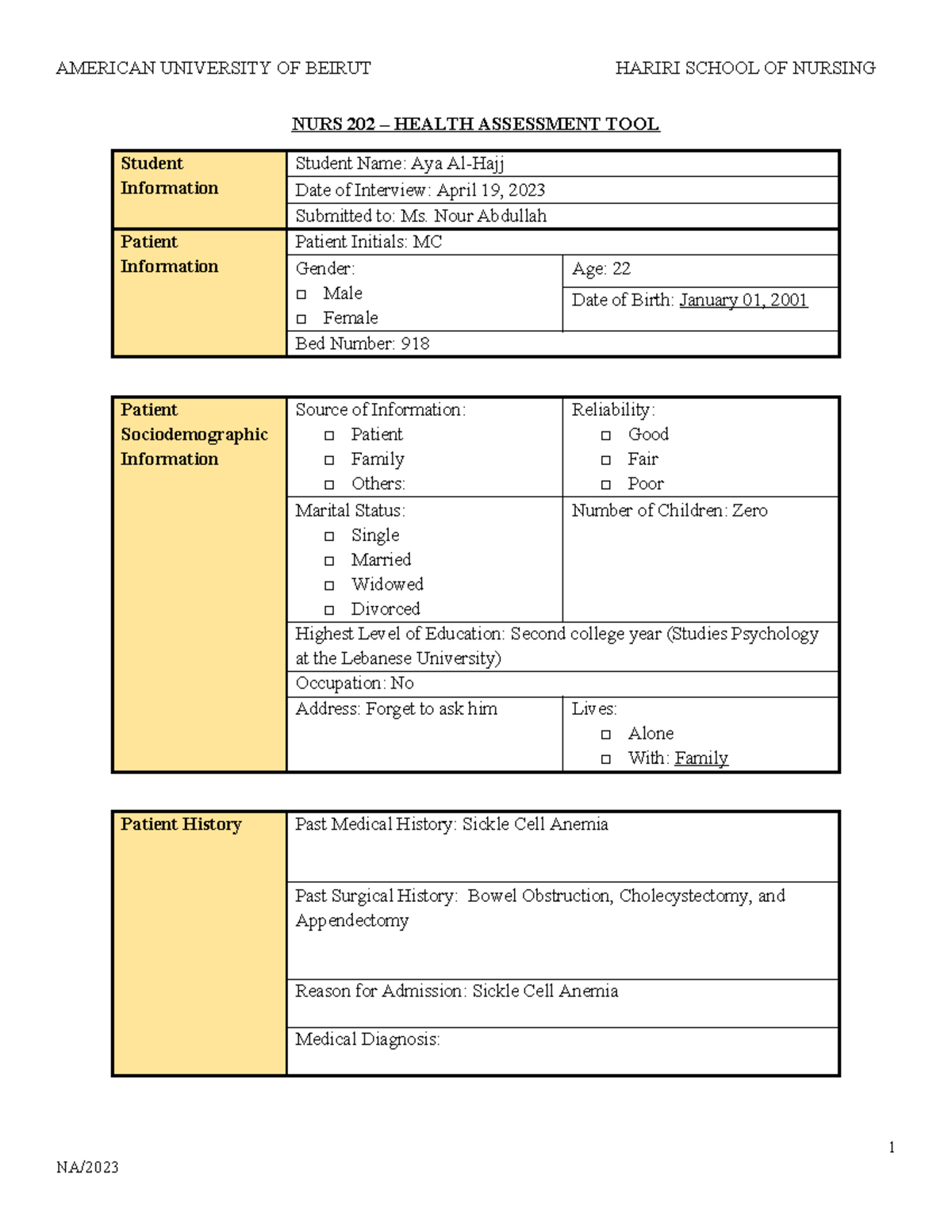 Lab1- Assessment Form - important - NURS 202 – HEALTH ASSESSMENT TOOL ...