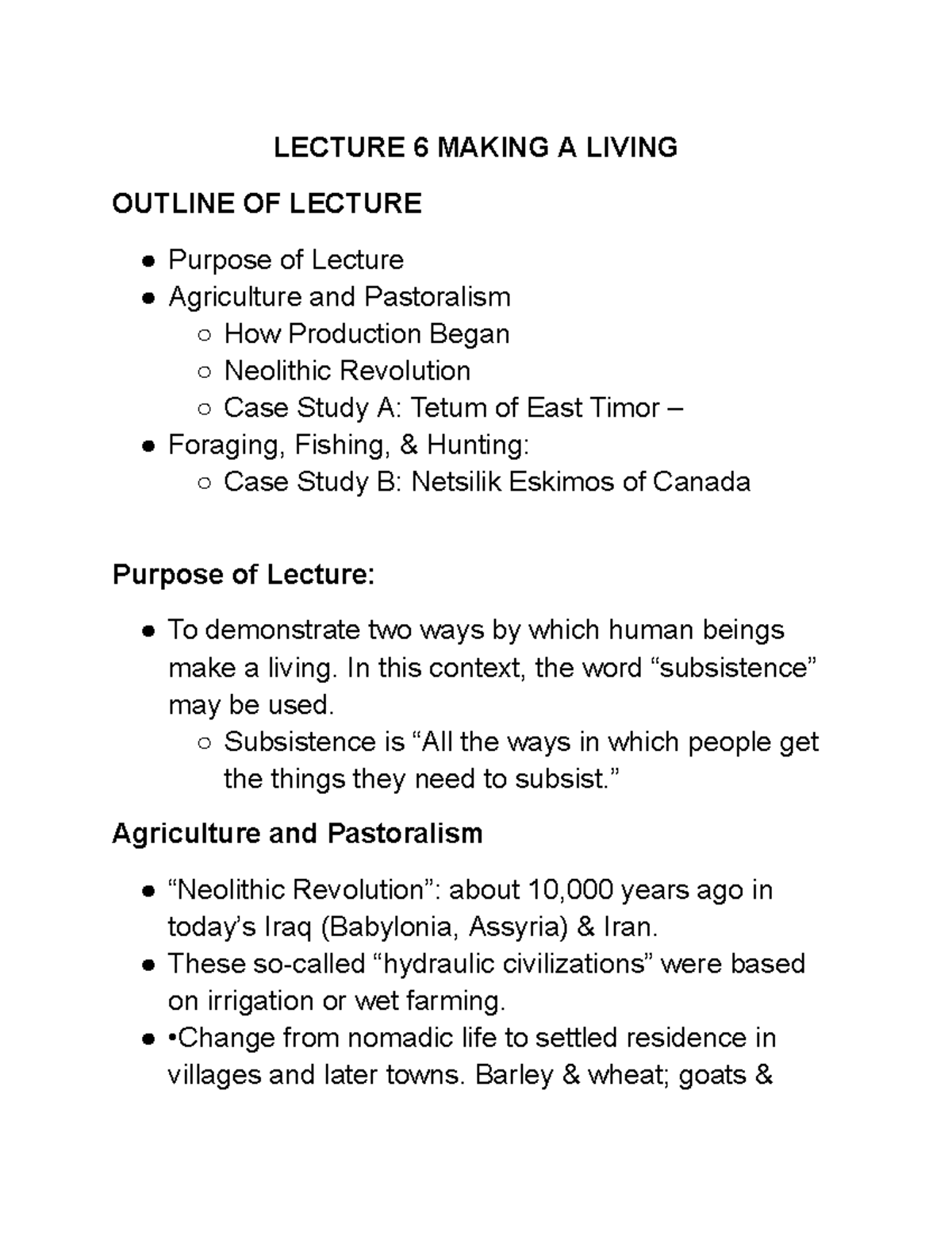 ANT 102 Lecture #6 Notes - LECTURE 6 MAKING A LIVING OUTLINE OF LECTURE ...