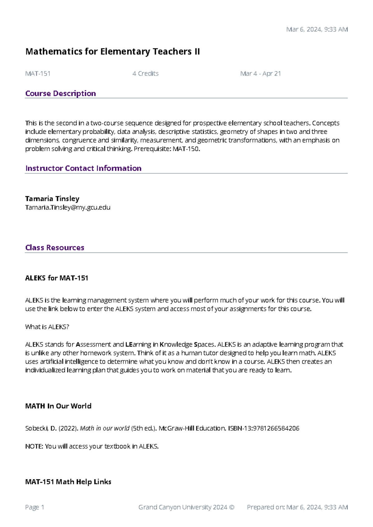 Syllabus MAT-151-O501-20240304 - Mar 6, 2024, 9:33 AM Mathematics for ...