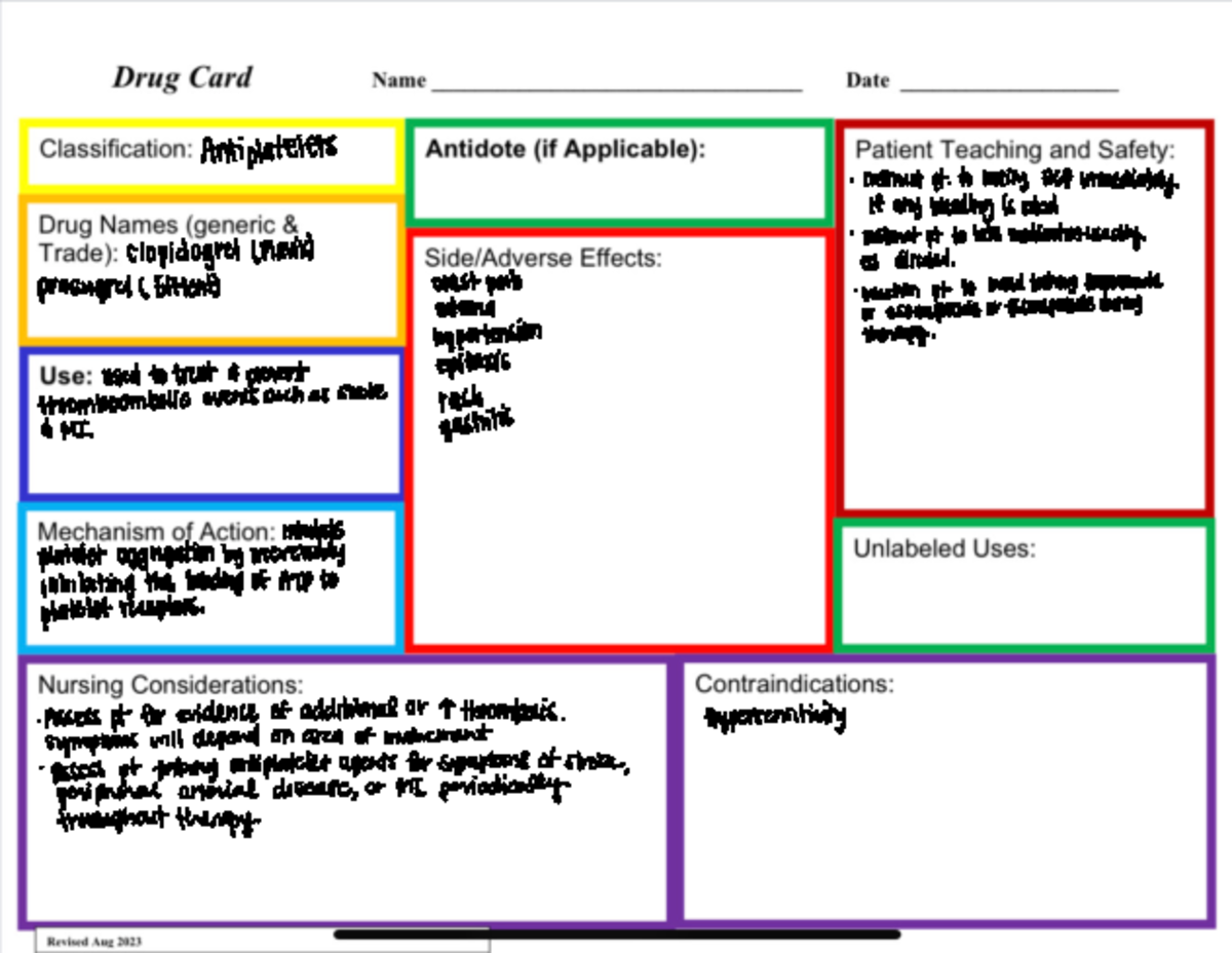 Drug card wk 10 - DRUG CARDS - Antiplatelets instruct pt. to noting HCP ...