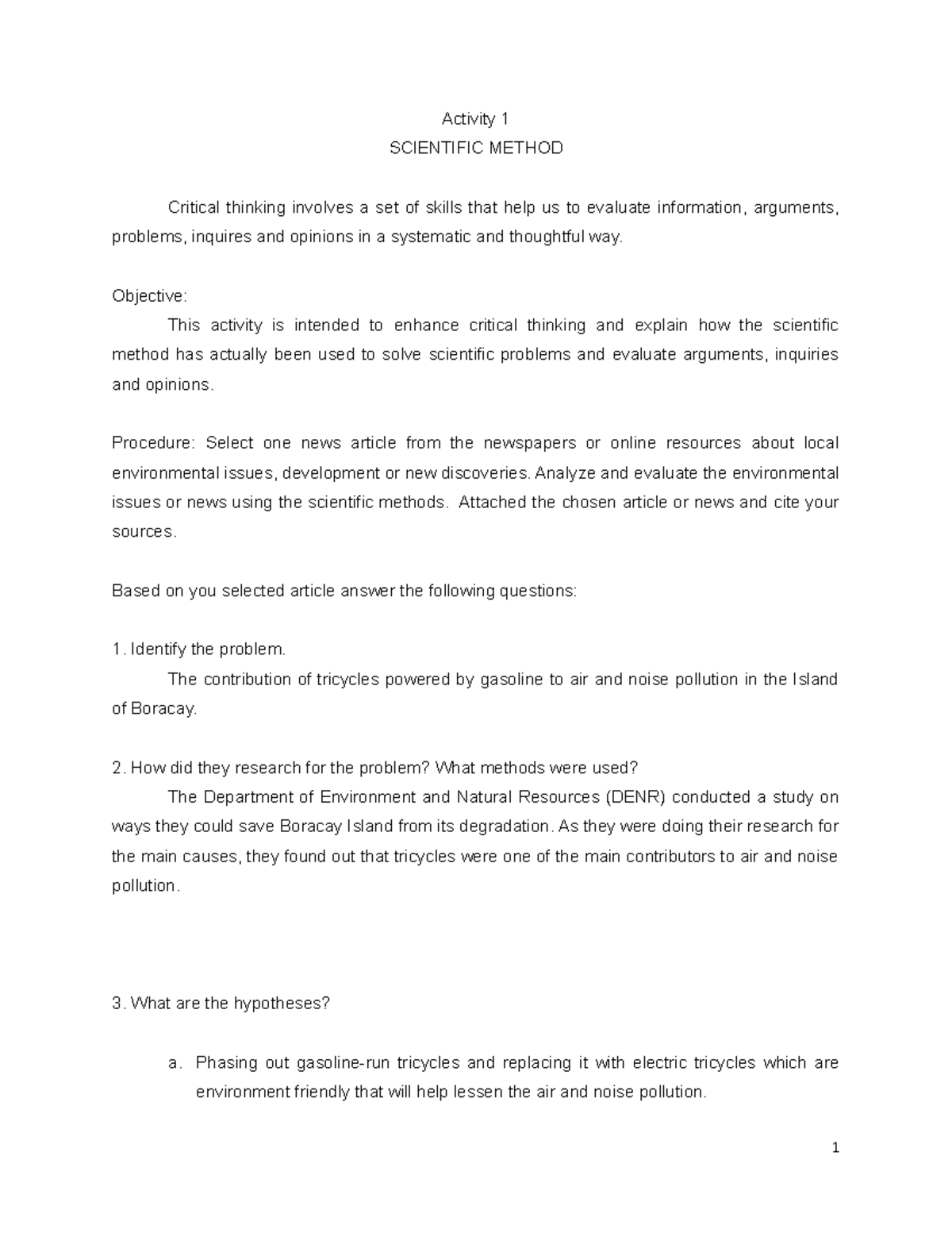 Activity 1. Scientific Method-2 - Activity 1 SCIENTIFIC METHOD Critical ...