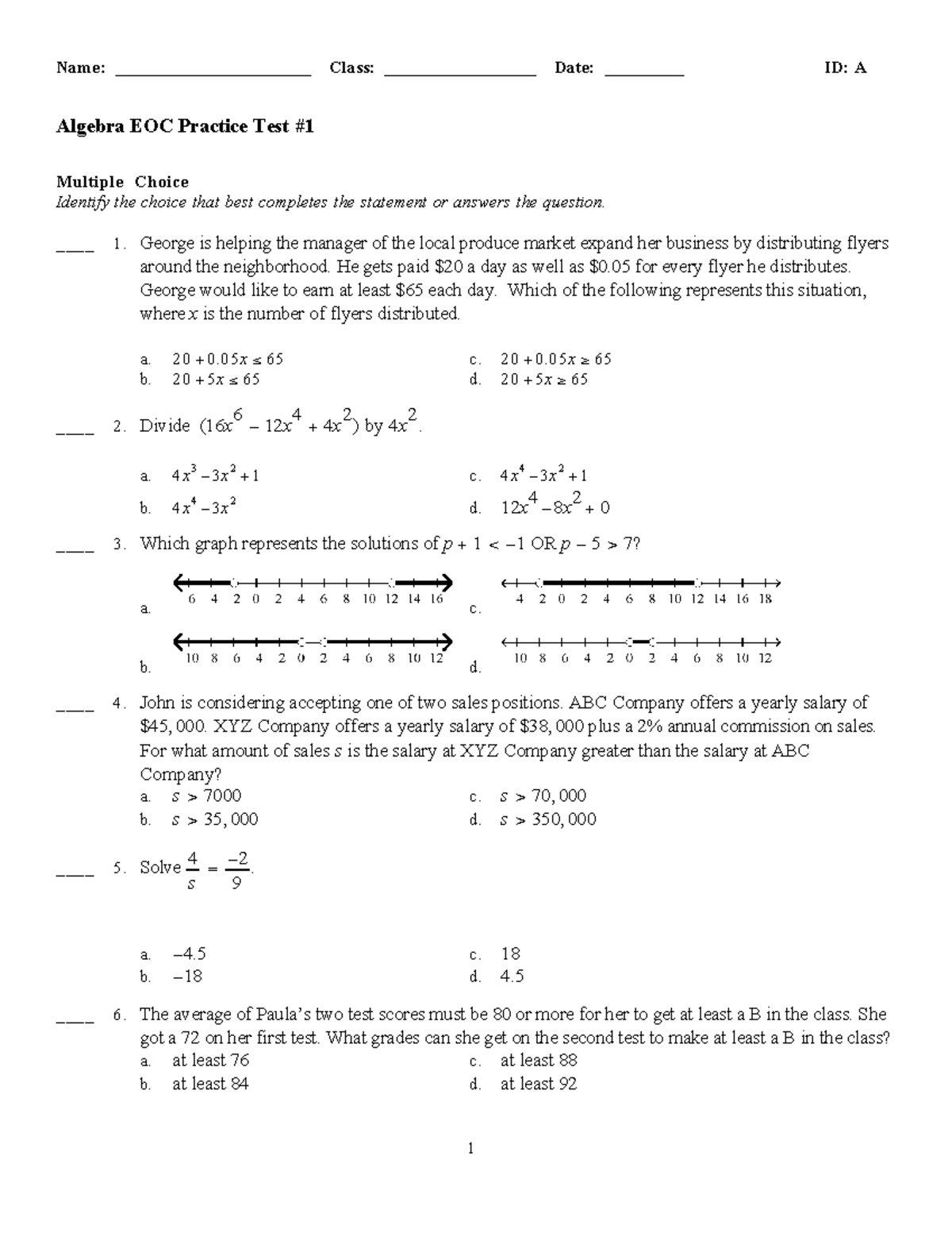 Algebra eoc practice test 1 - Name: ______________________ Class ...