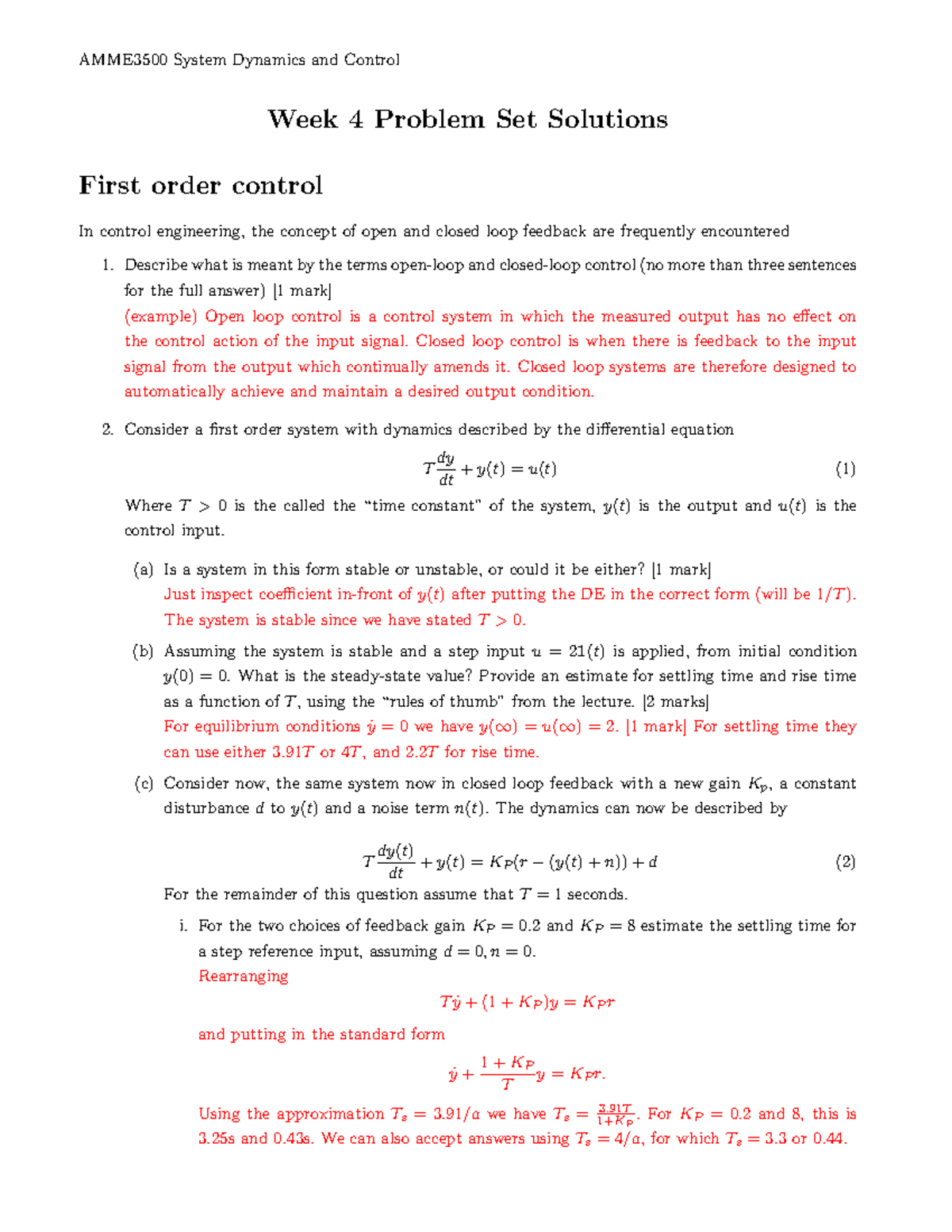 Pset4 solutions - week 4 - AMME3500 System Dynamics and Control Week 4 Problem Set Solutions ...