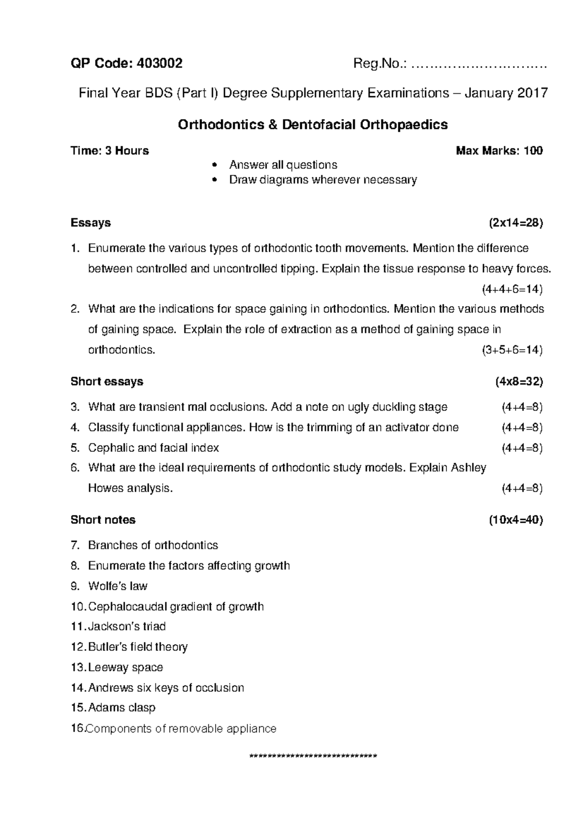 403002-4 - Regarding past ortho question paper. - QP Code: 403002 Reg.: - Studocu