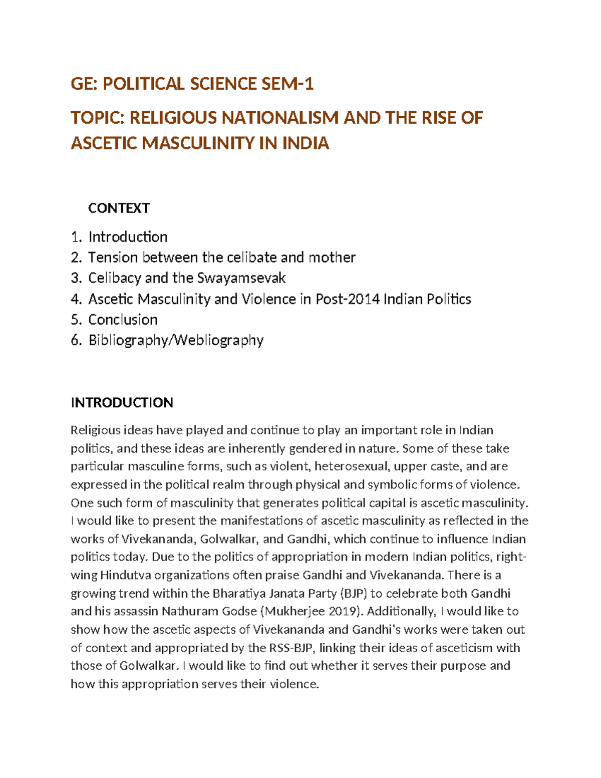 GE Assignment - GE: POLITICAL SCIENCE SEM- TOPIC: RELIGIOUS NATIONALISM ...