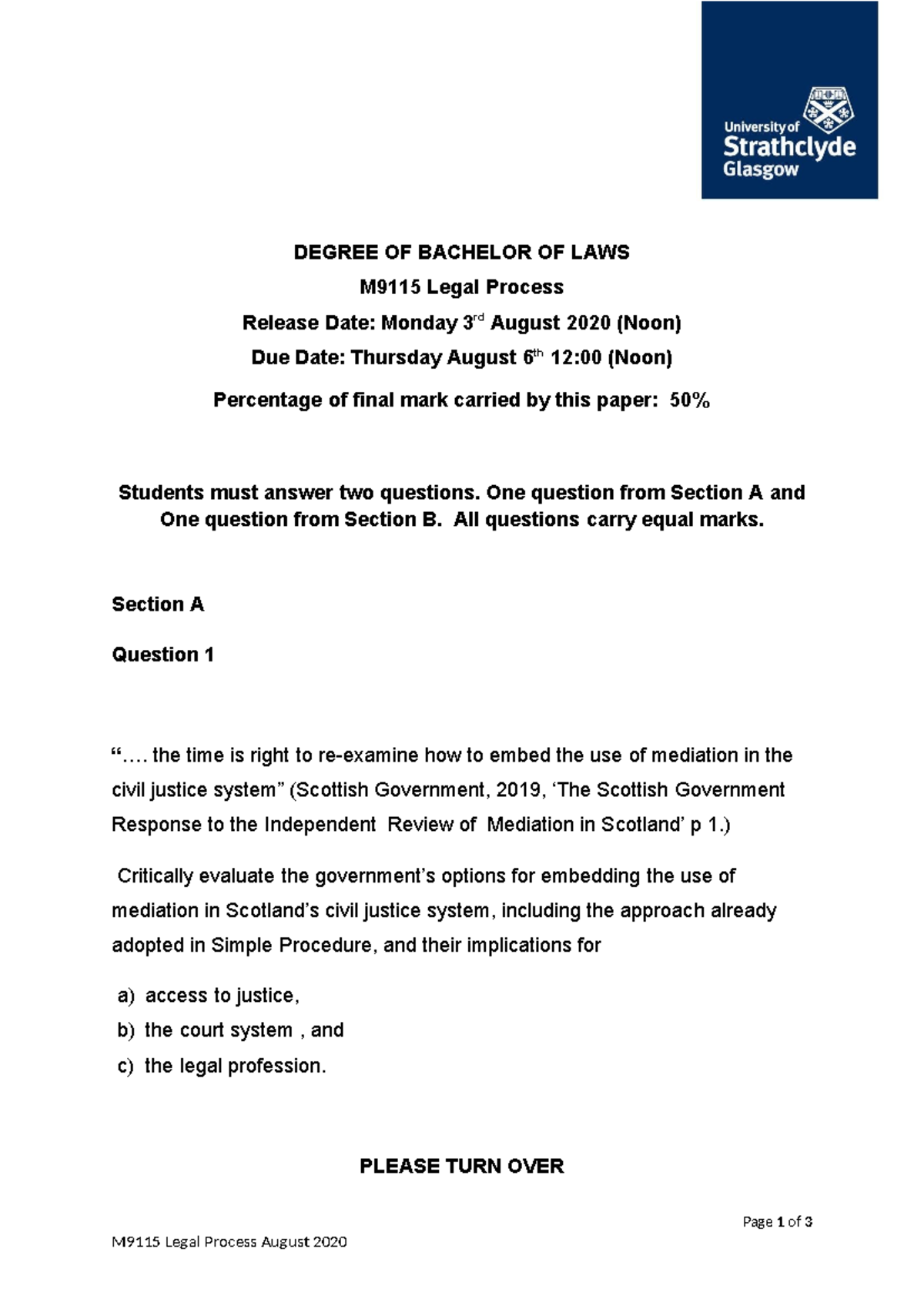 2020 Aug resit exam test paper M9115 Legal Process - DEGREE OF BACHELOR ...