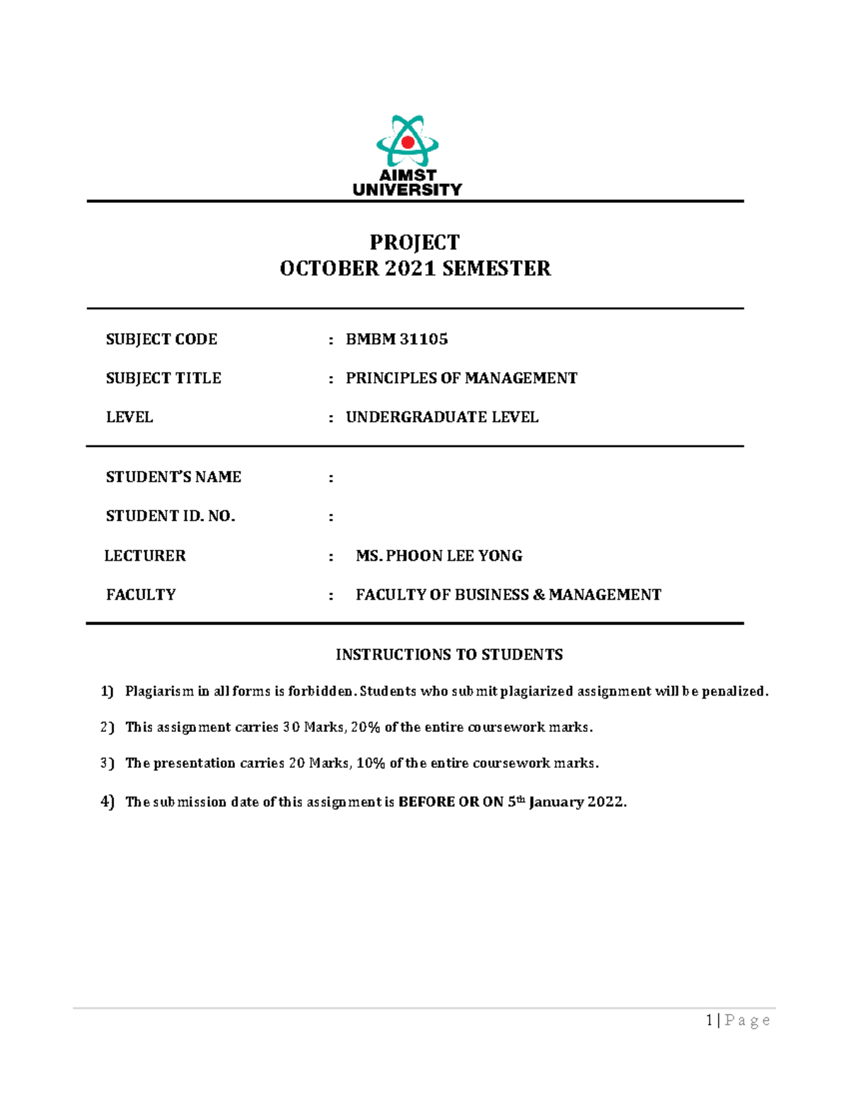 Assignment Bmbm 31105 Pom Oct 2021 1 Page Project October 202 1 Semester Subject Code Bmbm 3853