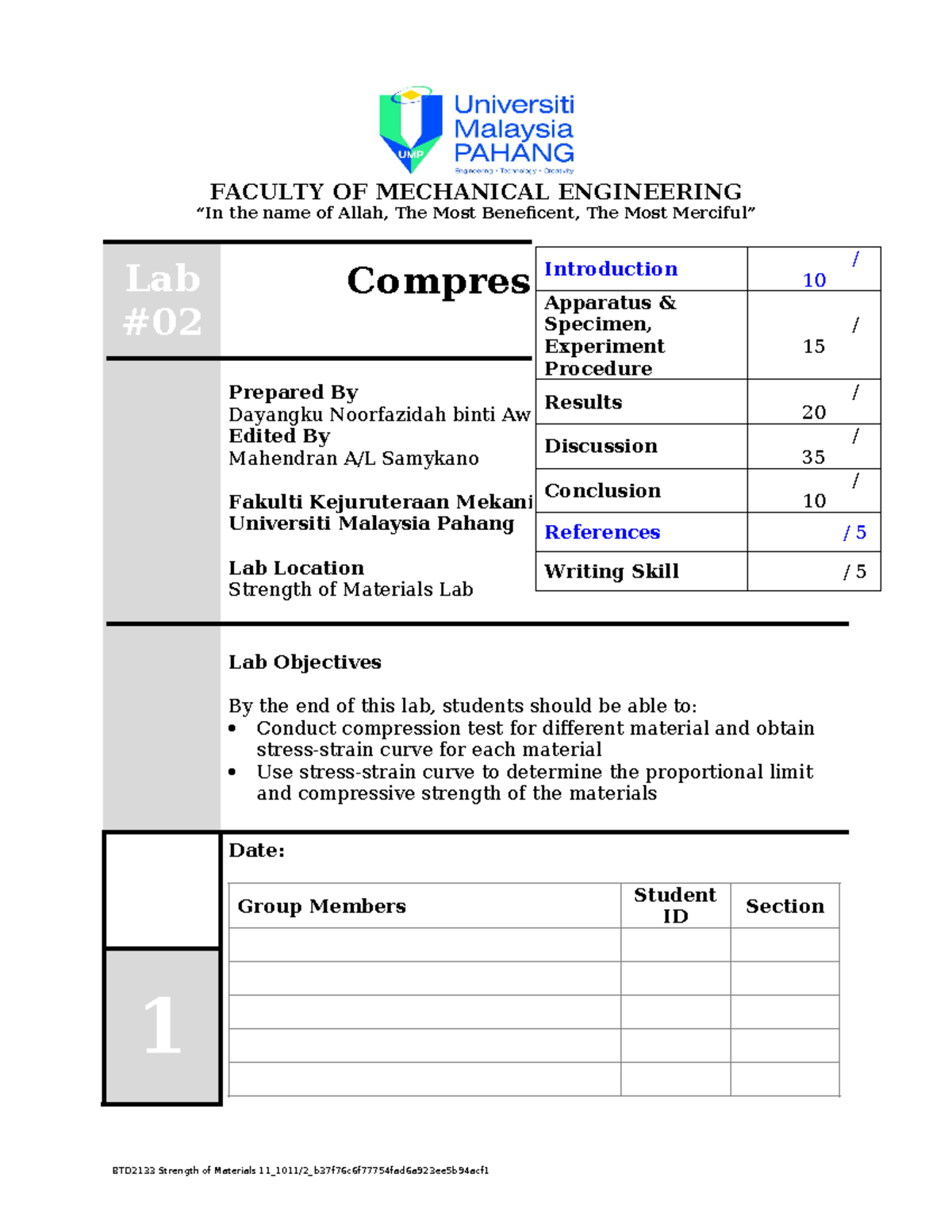 Compression TEST LAB Sheet - FACULTY OF MECHANICAL ENGINEERING “In the ...