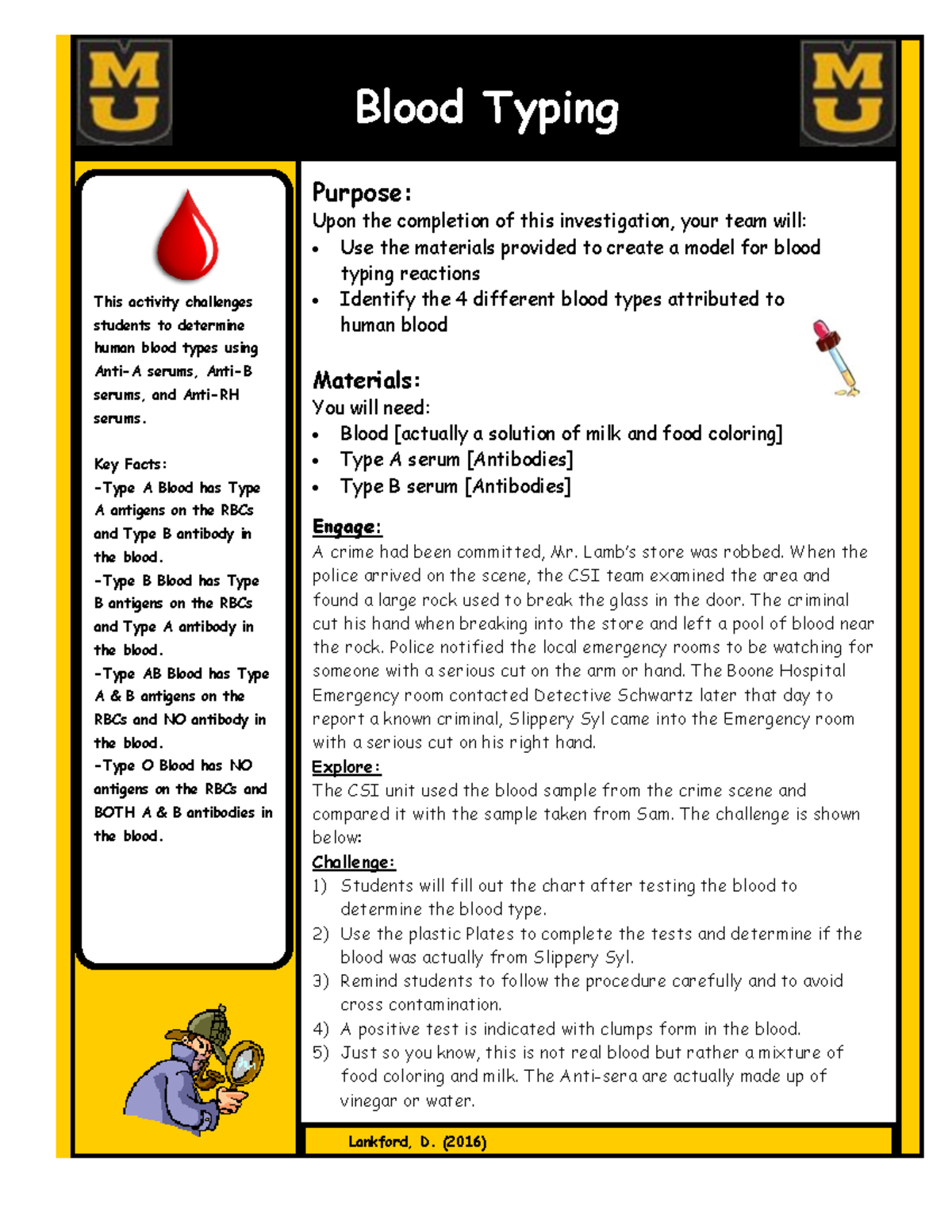 Blood typing challenge - Lankford, D. (2016) This activity challenges ...