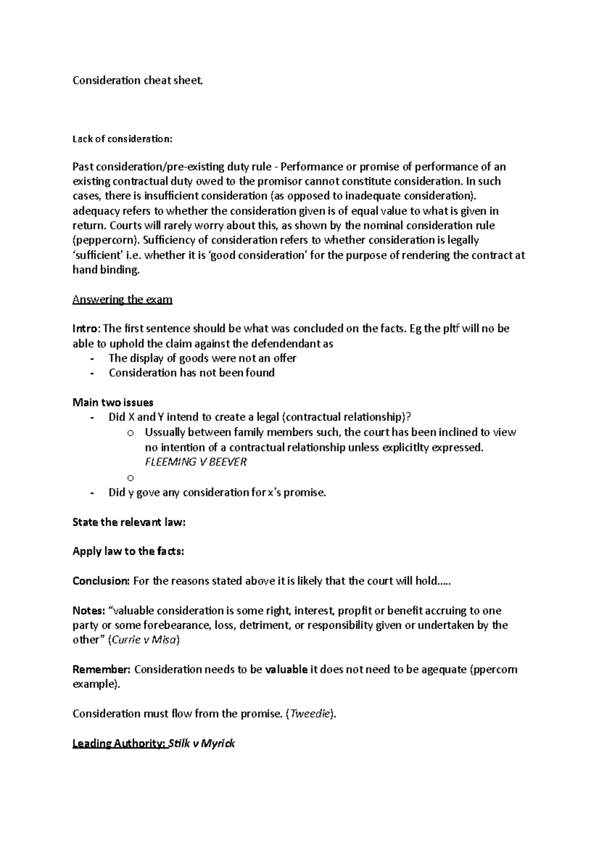 Consideration cheat sheet - Lack of consideration: Past consideration ...