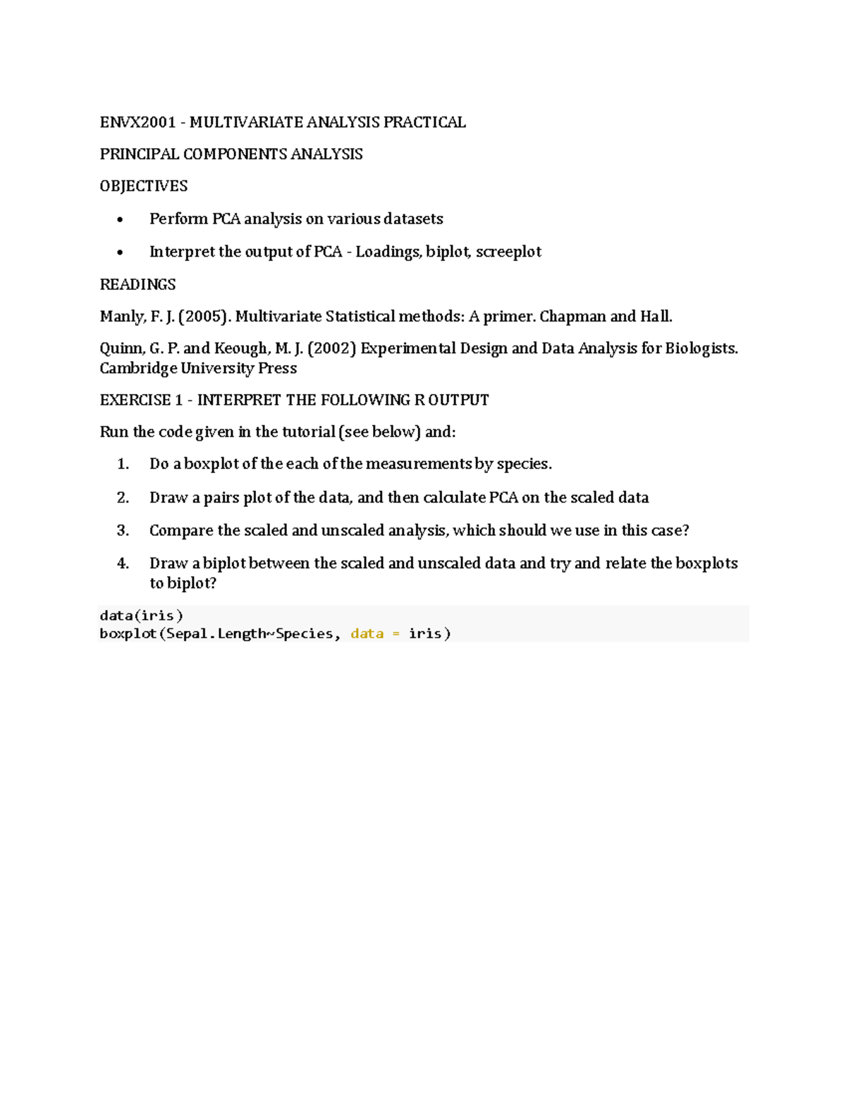 Practical 10 Solutions-1 - ENVX2001 - MULTIVARIATE ANALYSIS PRACTICAL PRINCIPAL COMPONENTS ...