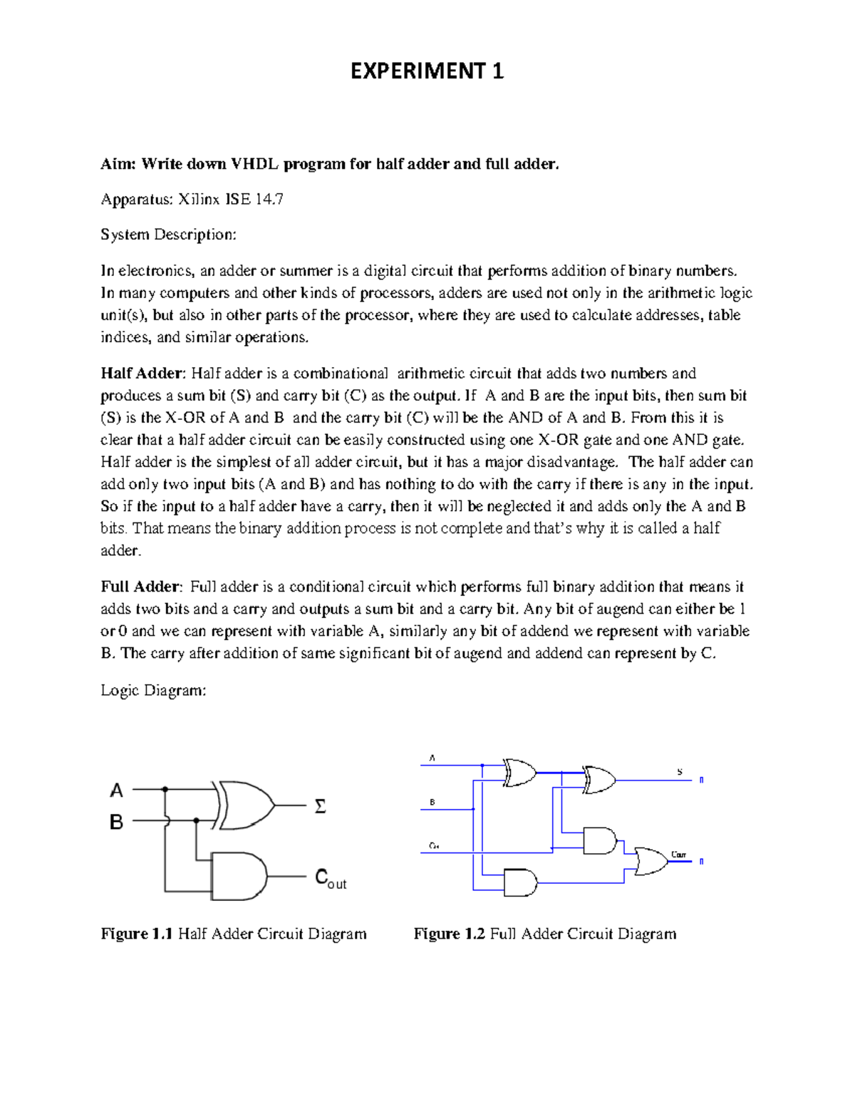 Exp 1-10-1 - Complete notes on VDHL program for half and full adder ...
