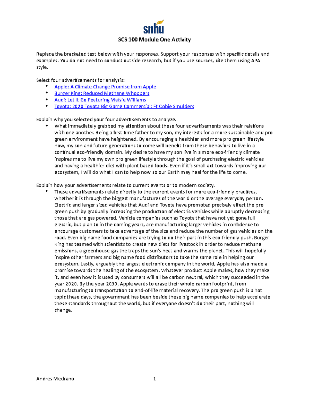 SCS 100 Module One Activity - SCS 100 Module One Ac 0 vity Replace the ...