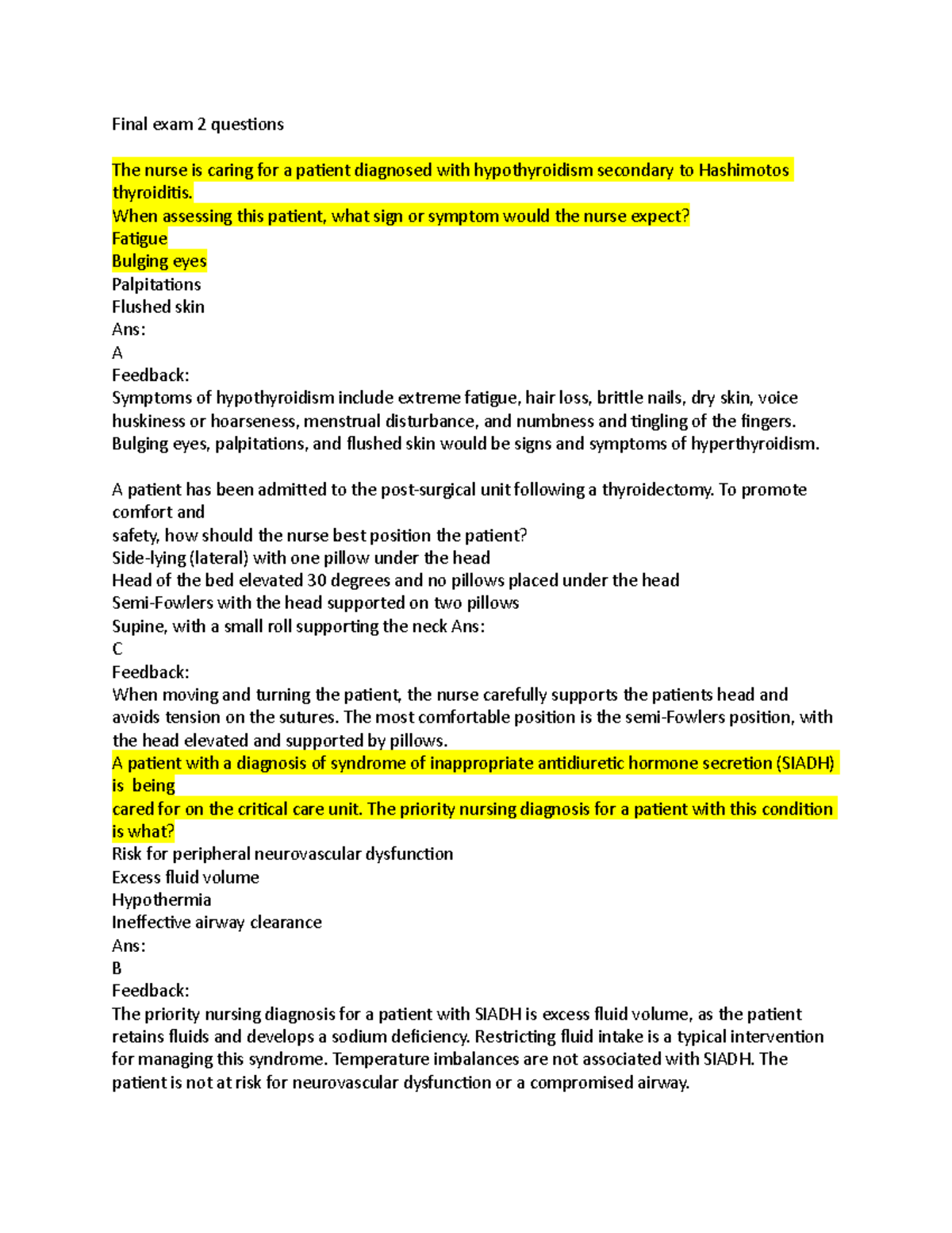 Final exam 2 questions - rationales - Final exam 2 questions The nurse ...