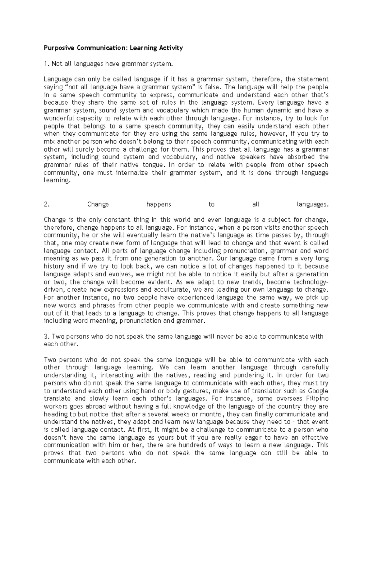 Purposive Communication Learning Activity - Language can only be called ...