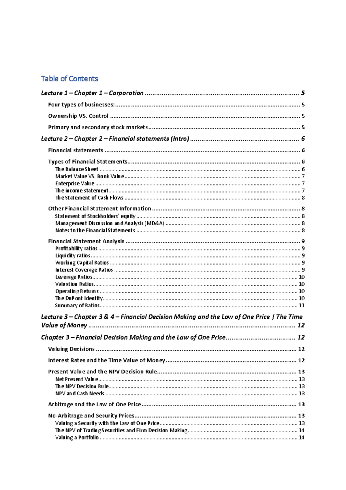 Corp Fin - Sammanfattning Corporate Finance - Table of Contents Lecture ...