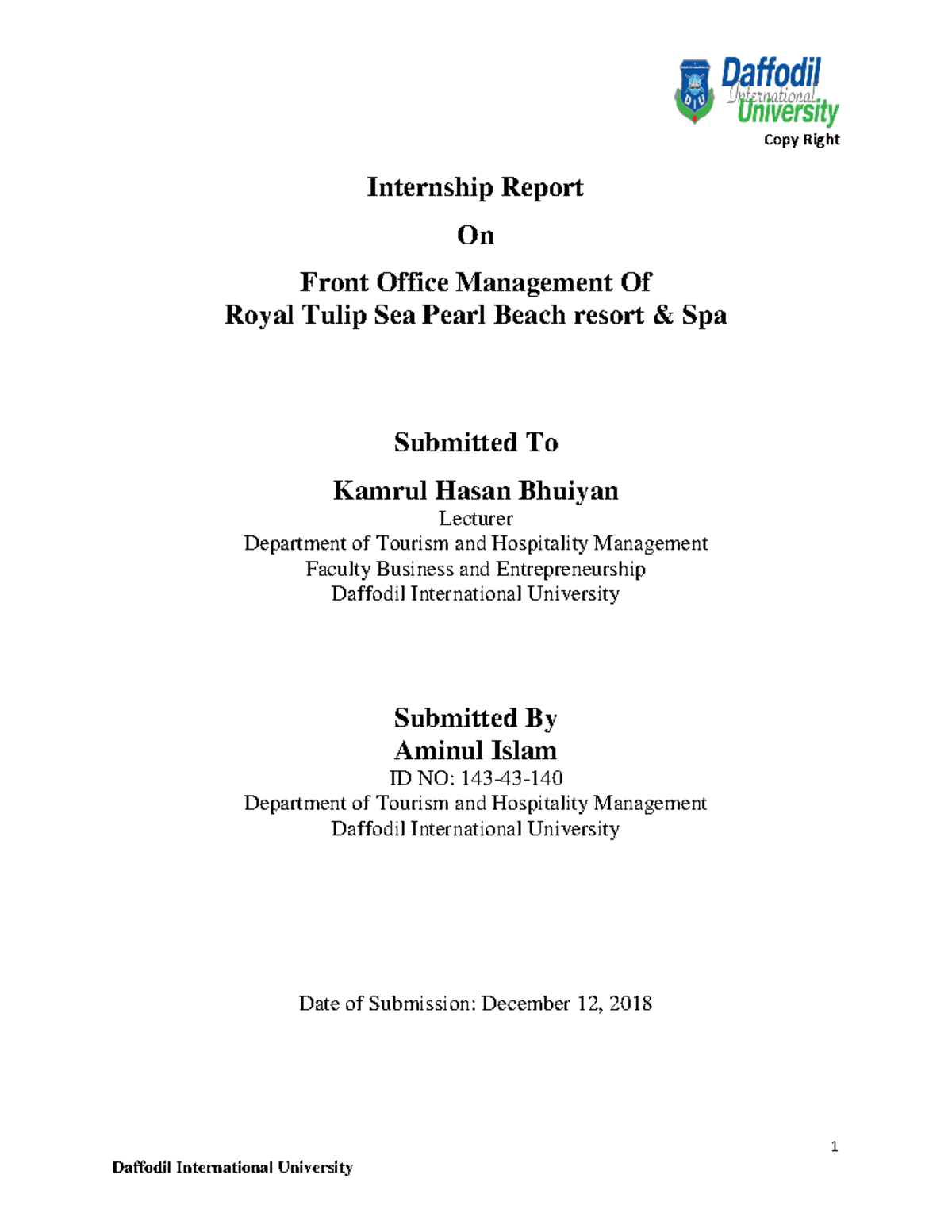 P12556 (27%) - ####### 1 Internship Report On Front Office Management ...