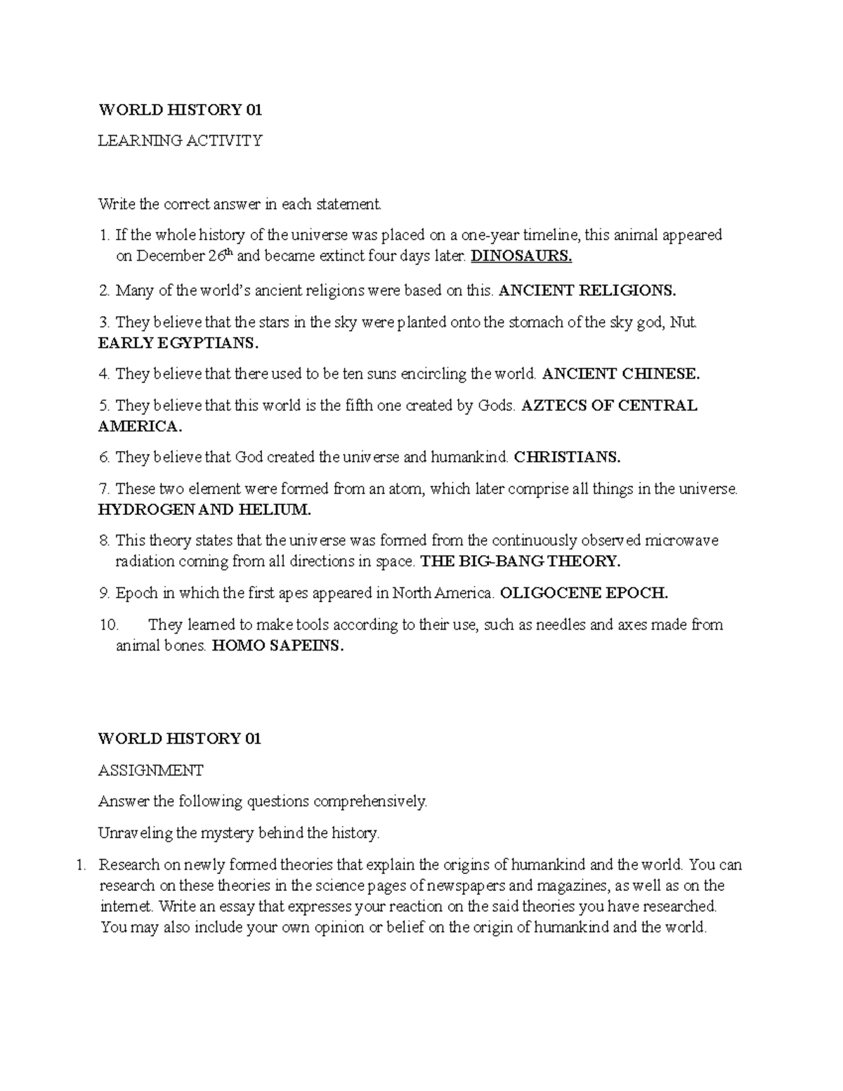 World History 01 - Lecture bkmmkmb - WORLD HISTORY 01 LEARNING ACTIVITY ...