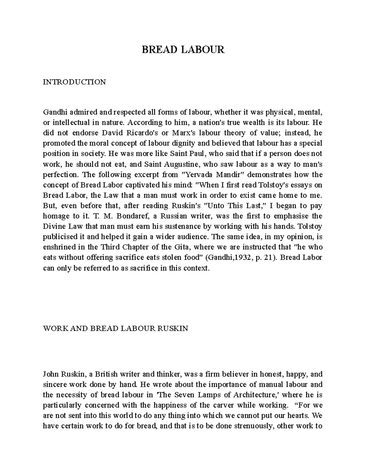 Bread Labour - Lecture notes 5 - BREAD LABOUR INTRODUCTION Gandhi ...