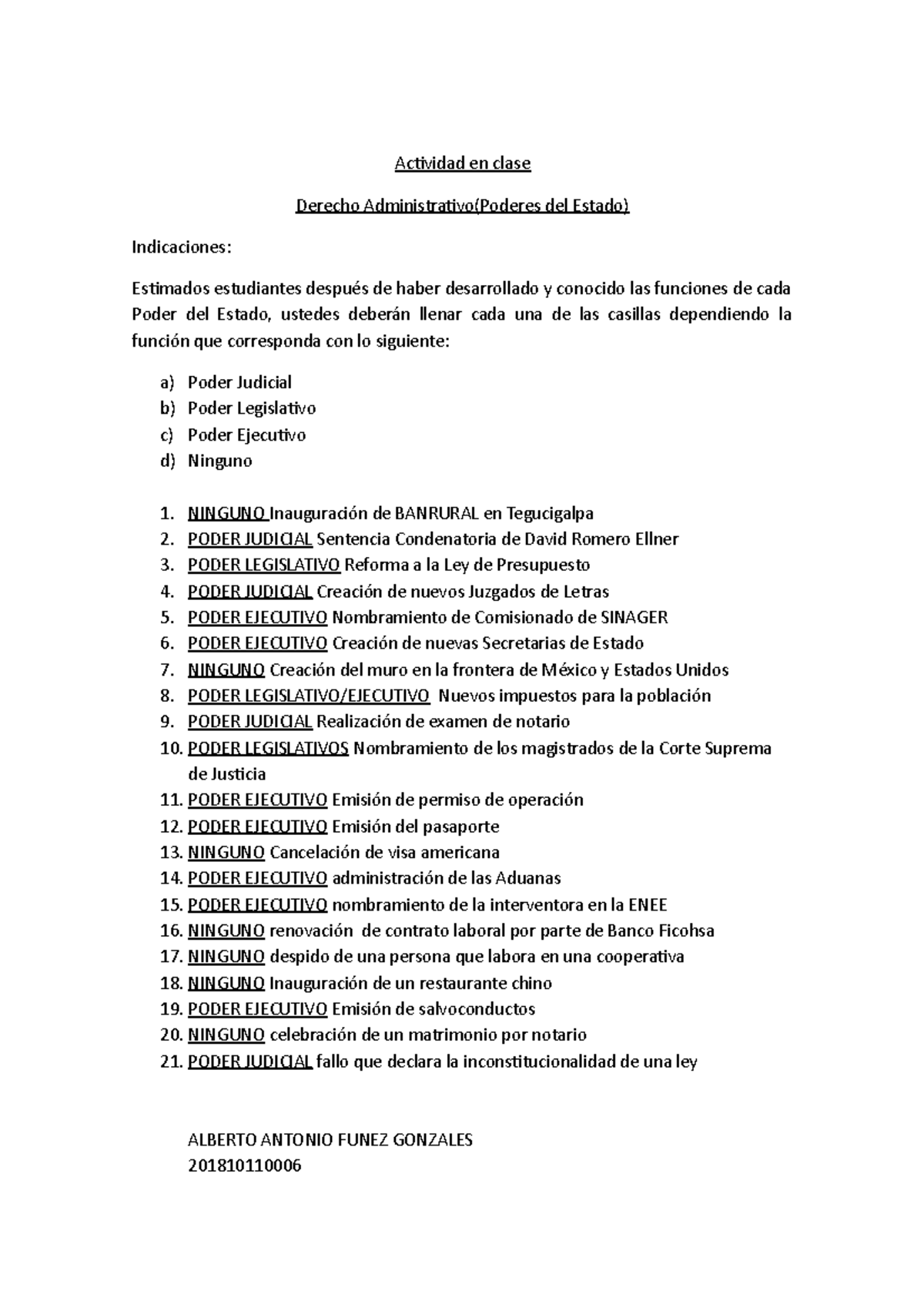 Trabajo función de los poderes - Actividad en clase Derecho ...