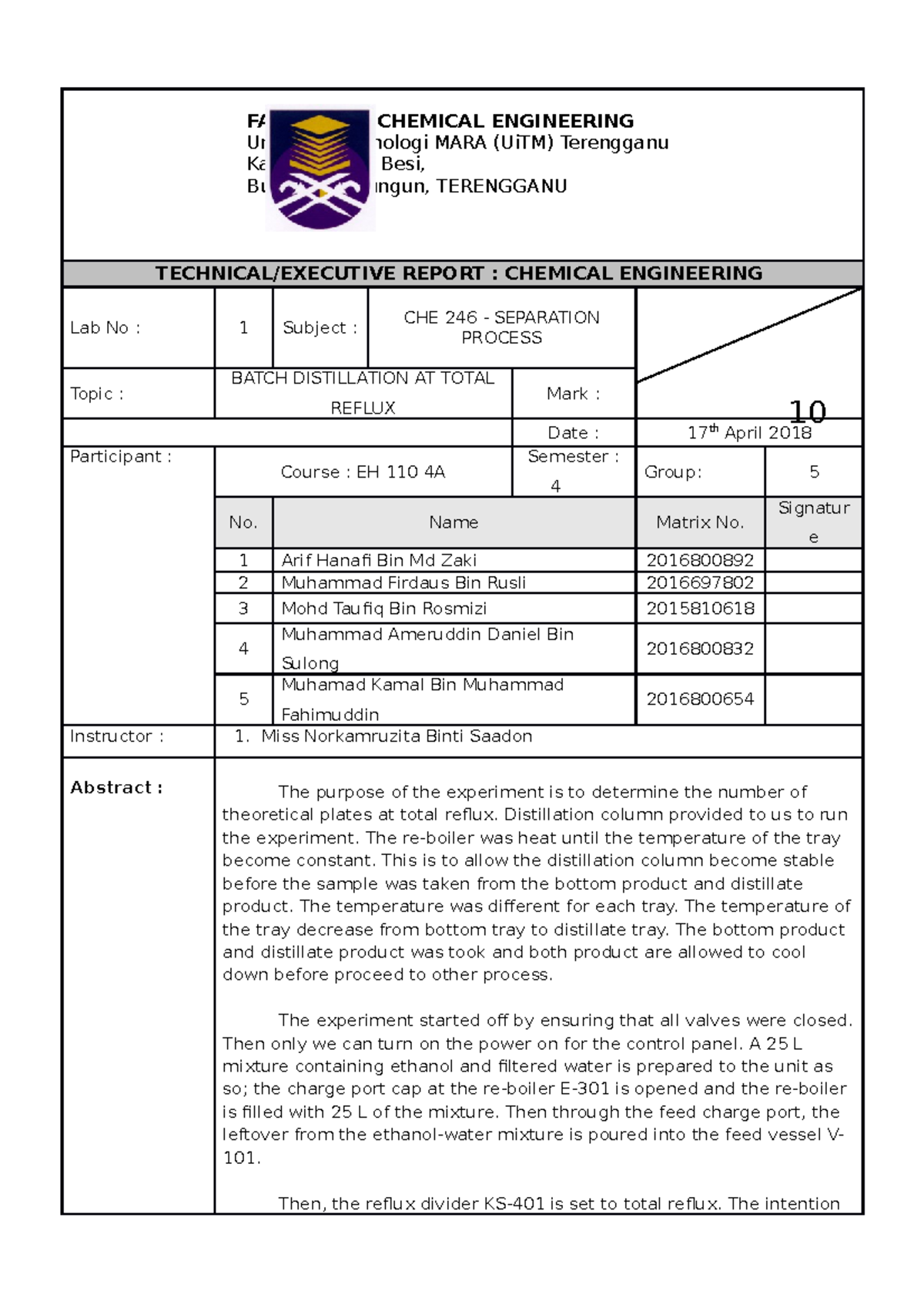 ASSISSTANT Lab report DC - Heat Transfer and Equipment - UiTM - Studocu