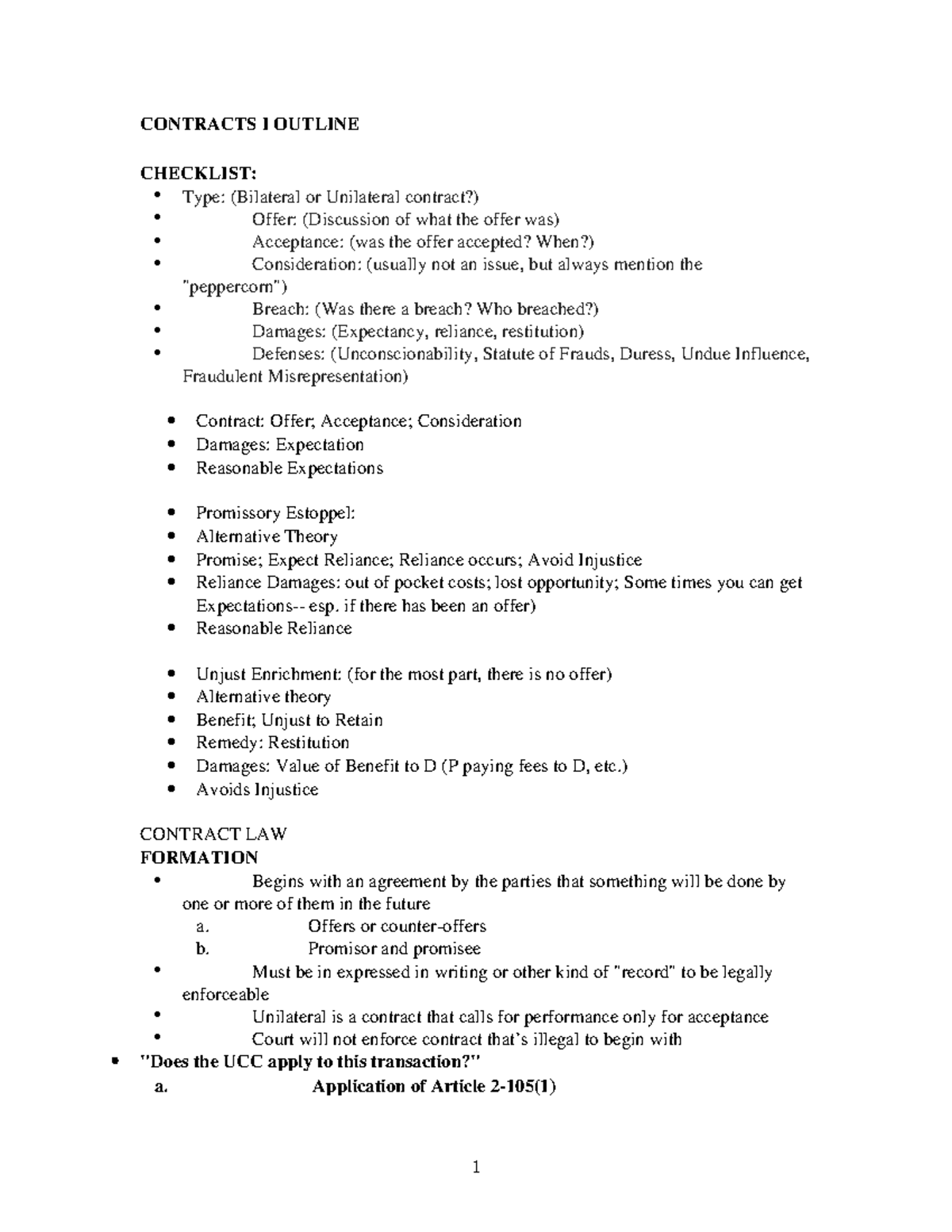 Contracts I Outline James Yun - CONTRACTS I OUTLINE CHECKLIST: Type ...