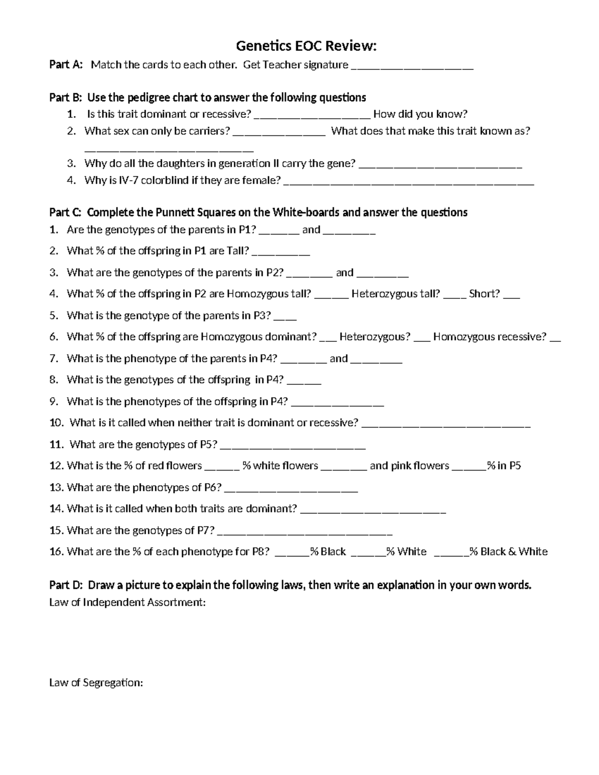 Genetics EOC Review Wkst - Genetics EOC Review: Part A: Match the cards ...