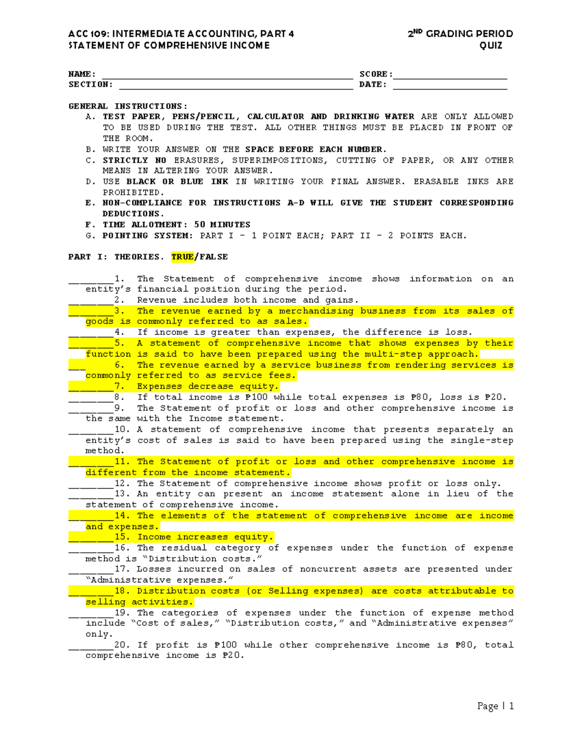RM SCI - ................. - STATEMENT OF COMPREHENSIVE INCOME QUIZ NAME: - Studocu