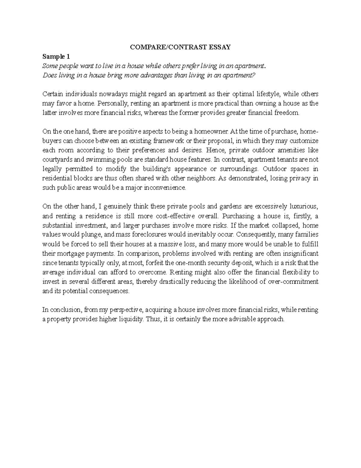 Compare Contrast Essay - COMPARE/CONTRAST ESSAY Sample 1 Some people ...