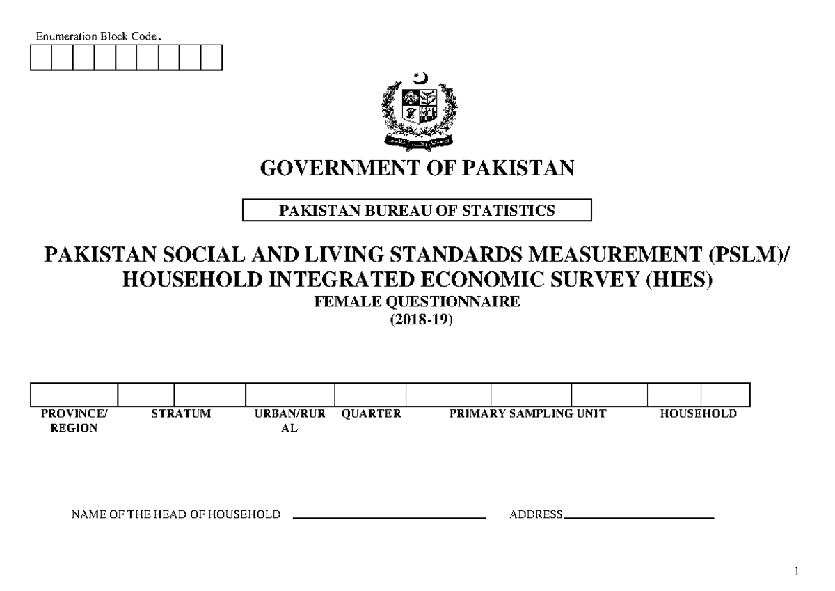 Female questionnaire - XYZ - Enumeration Block Code. GOVERNMENT OF ...