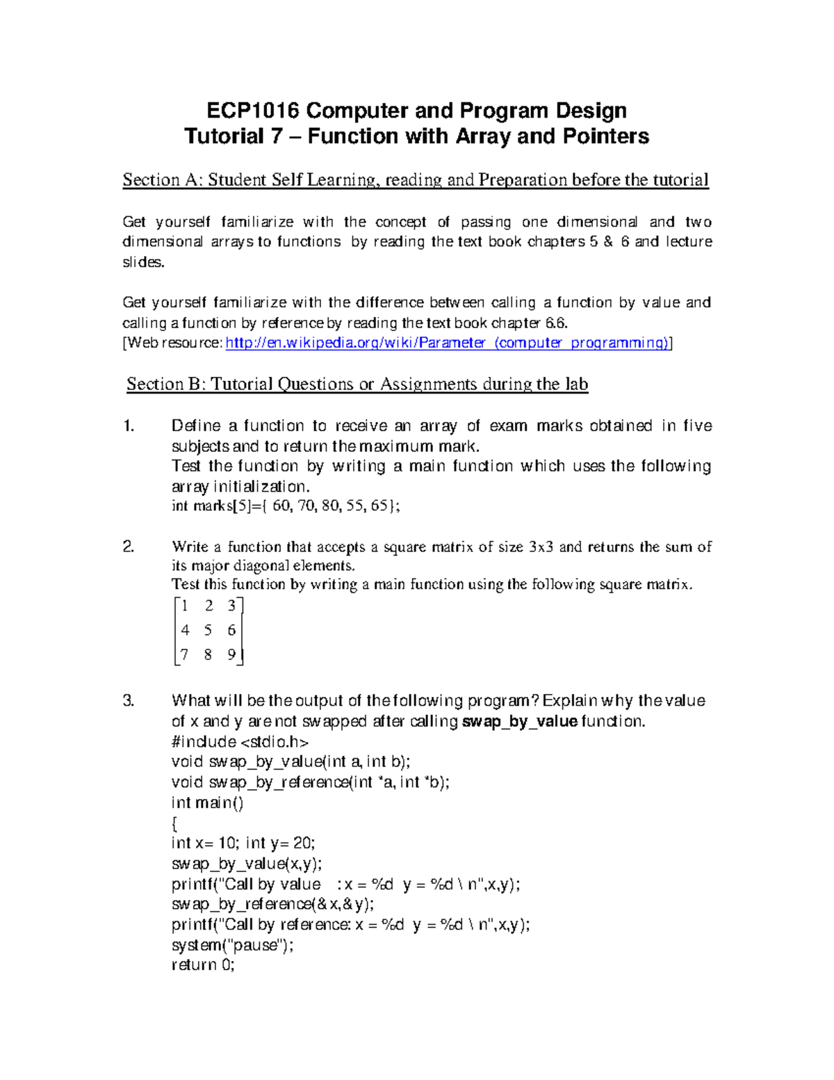 2014 Tutorial 7 - ECP1016 Computer and Program Design Tutorial 7 ...