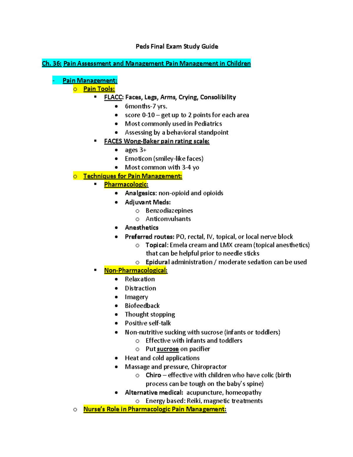 Peds Final Exam Study Guide - 36: Pain Assessment and Management Pain ...