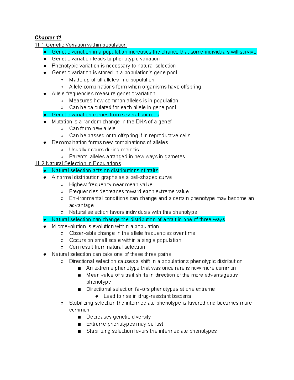 Chapter 11 notes - Chapter 11 11 Genetic Variation within population ...