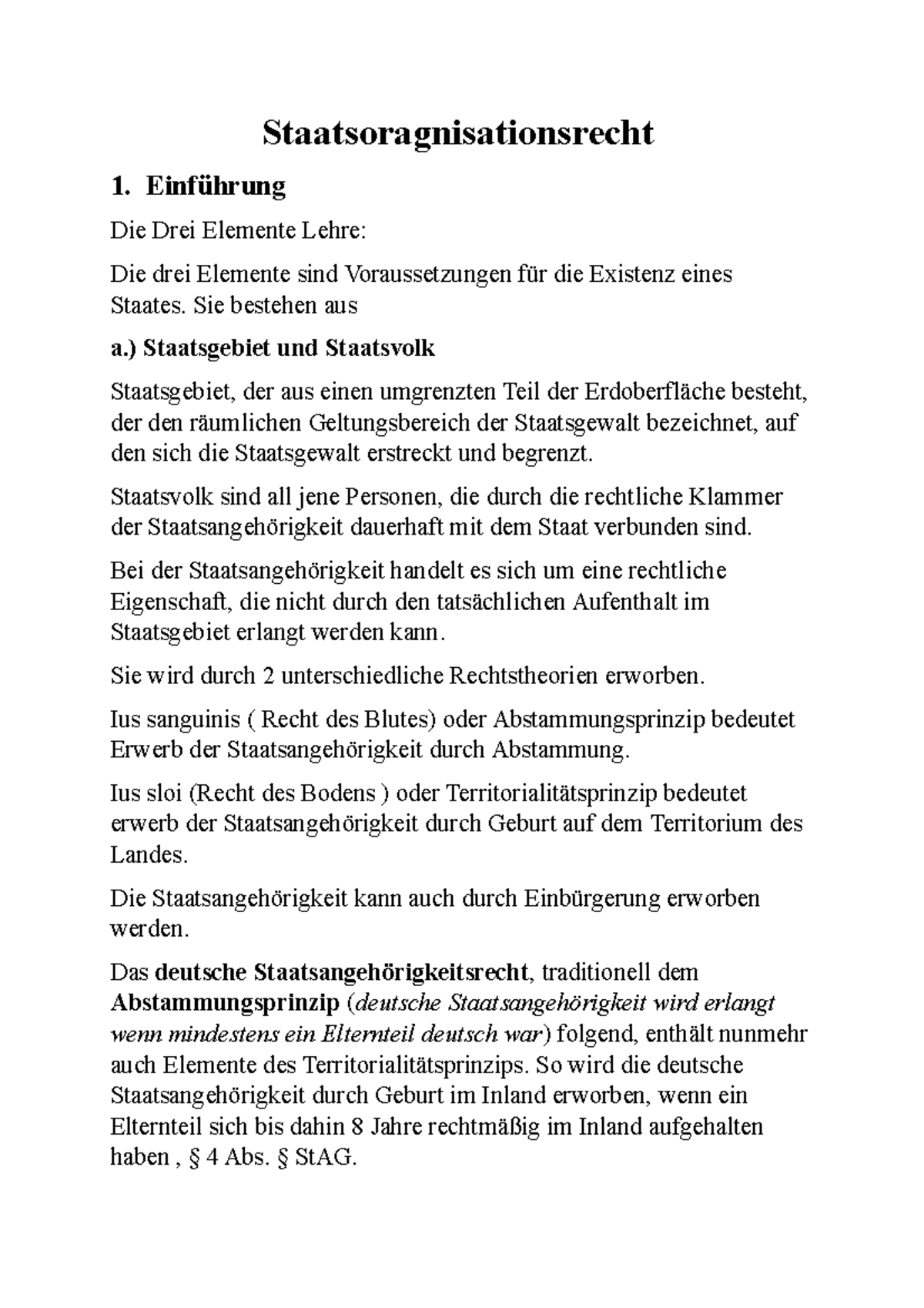 Staatsorga Lernzettel - Staatsoragnisationsrecht 1. Einführung Die Drei ...