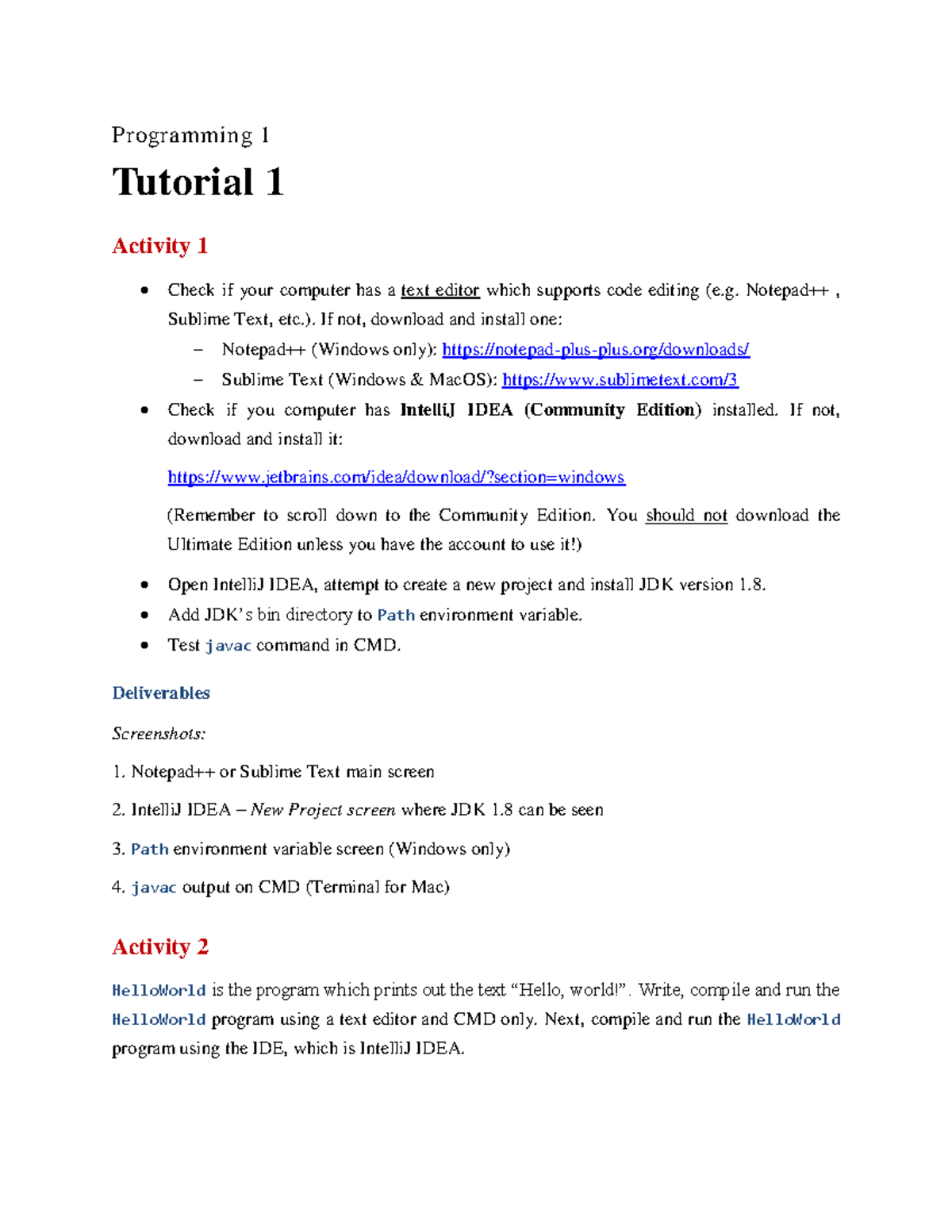 Tutorial 1 Programming 1 Tutorial 1 Activity 1 Check If Your Computer Has A Text Editor Which 