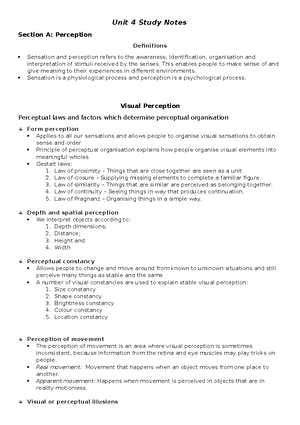 UNIT 4 Notes - SENSATION AND PERCEPTION - UNIT 4 NOTES Sensation and ...