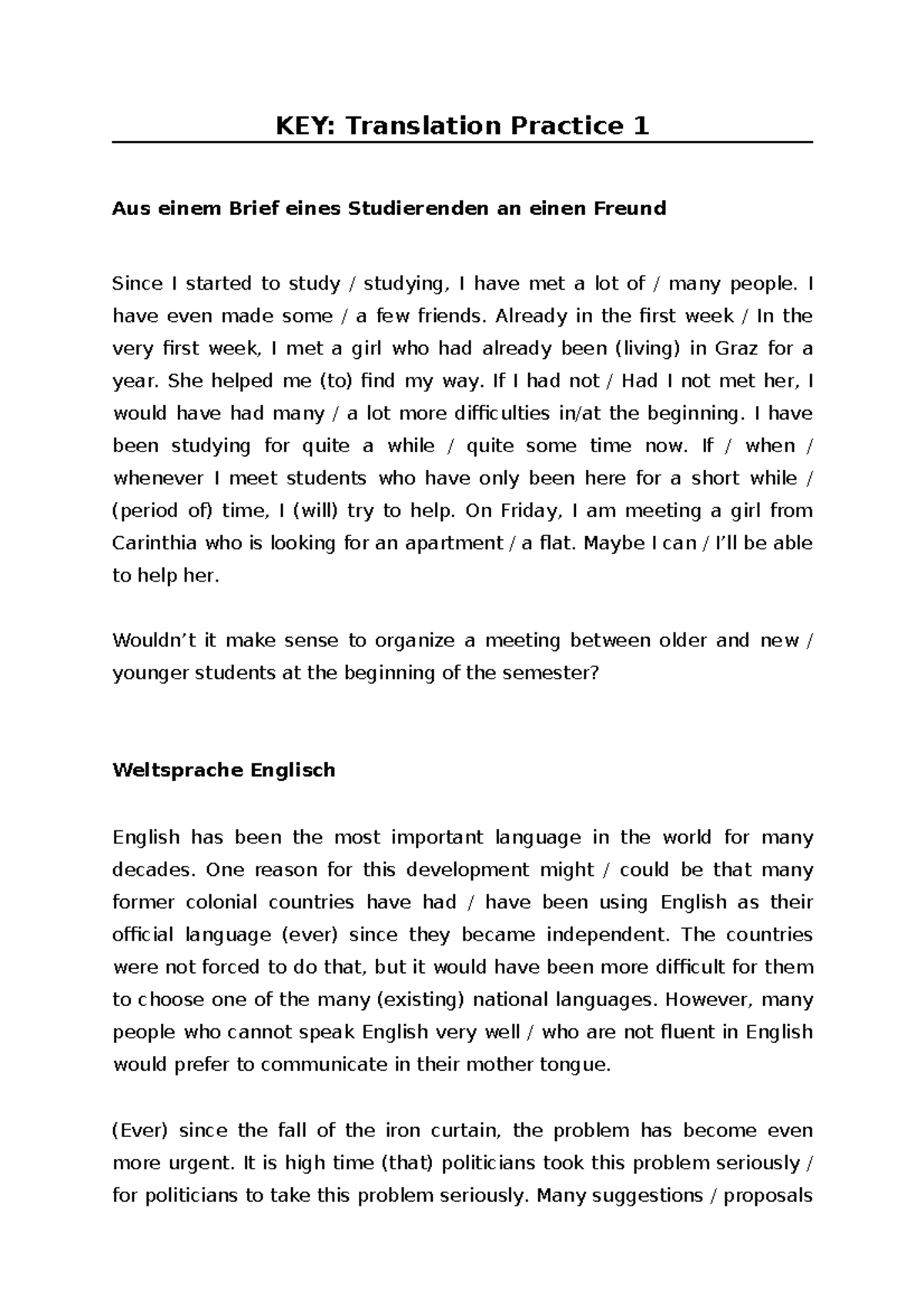 Translation Practice 1 Key - KEY: Translation Practice 1 Aus einem ...