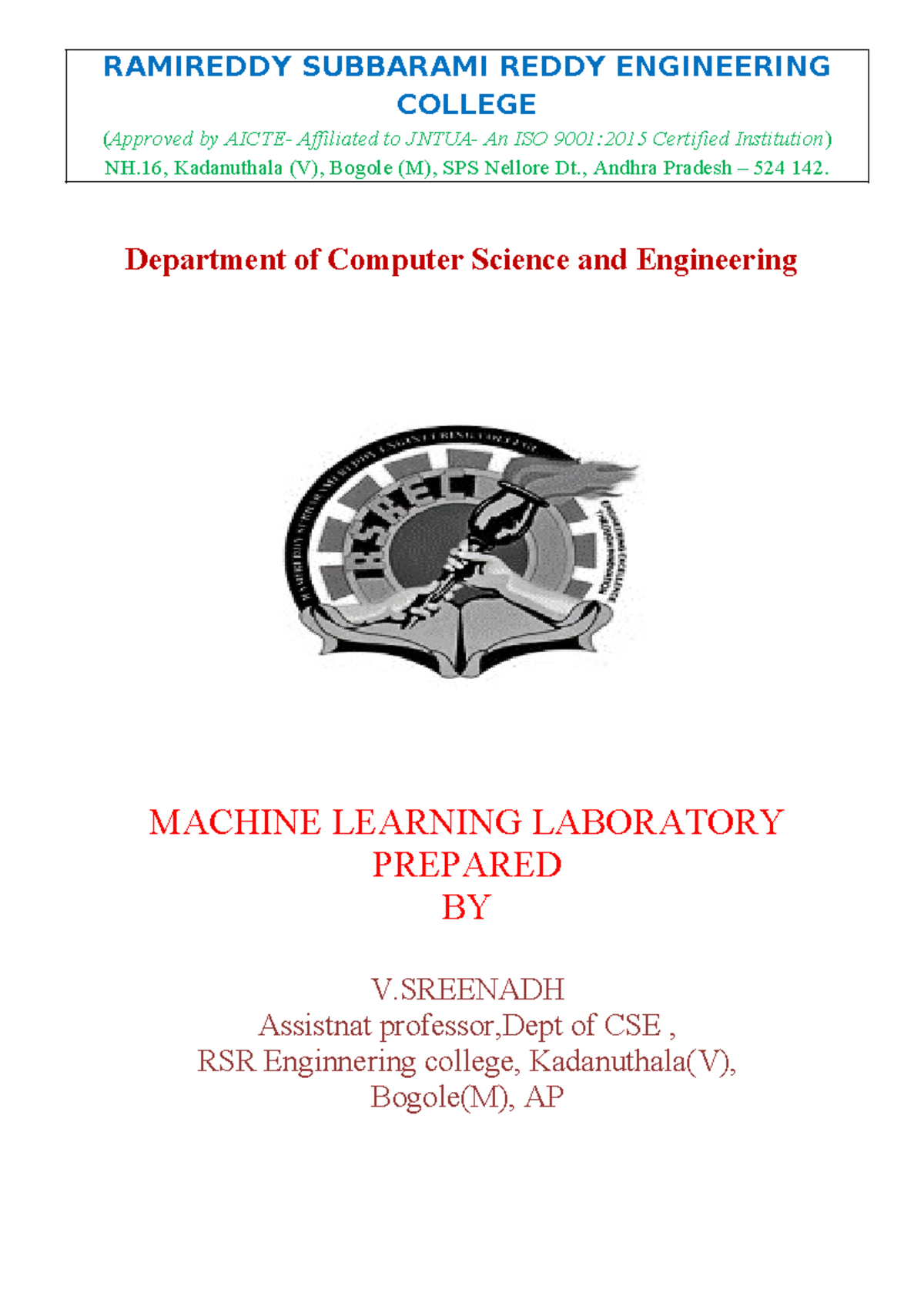 ML Lab Manual - RAMIREDDY SUBBARAMI REDDY ENGINEERING COLLEGE (Approved ...